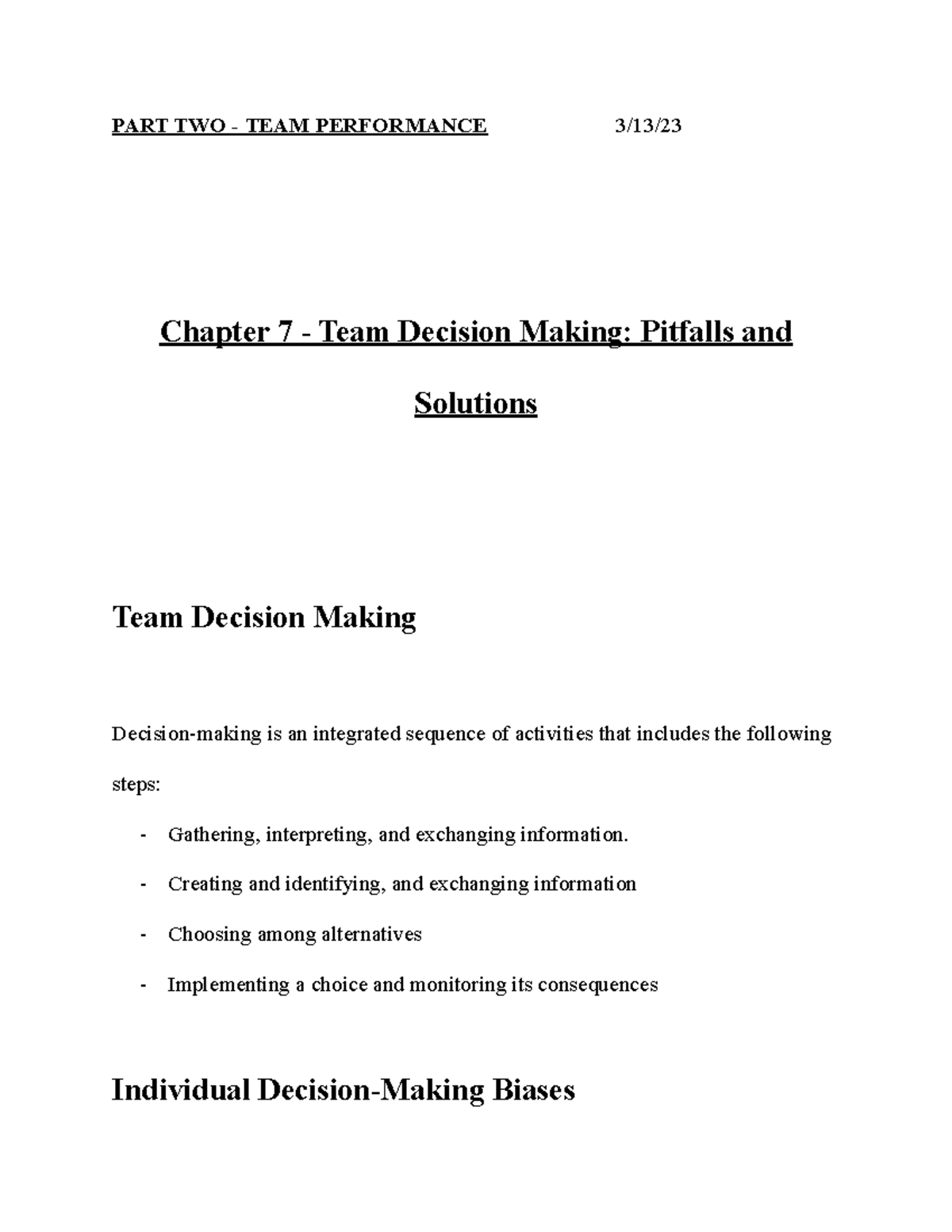 Chapter 7 - PART TWO - TEAM PERFORMANCE 3/13/ Chapter 7 - Team Decision Making: Pitfalls and ...