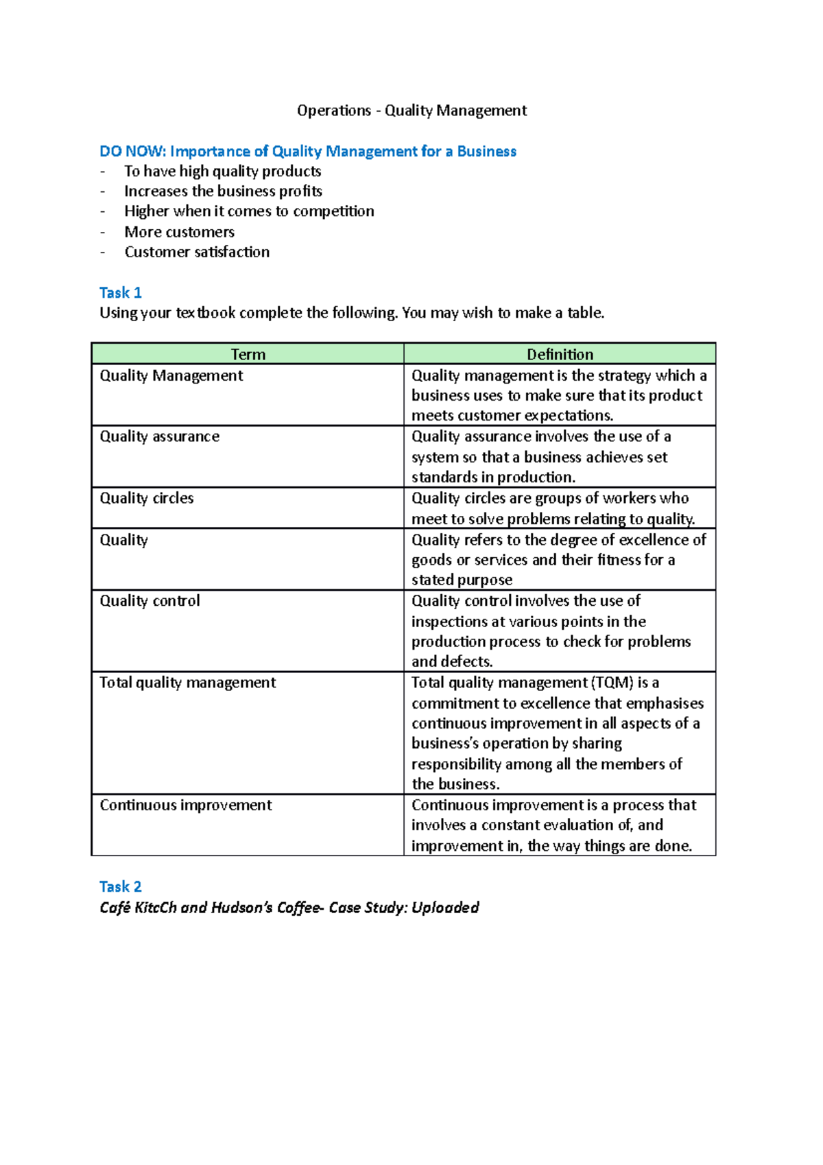 Operations - Quality Management - Studocu