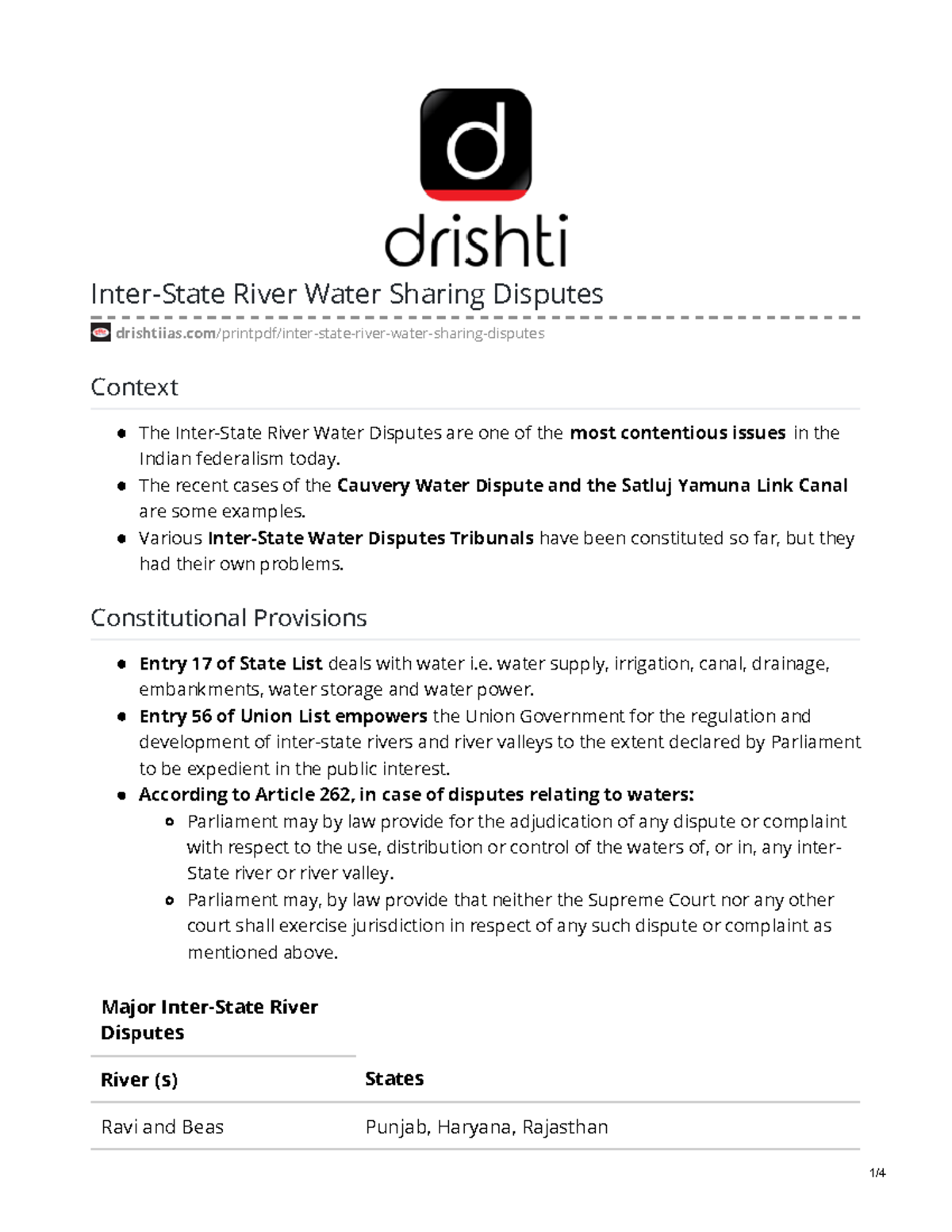 Inter state river water sharing disputes - Inter-State River Water ...