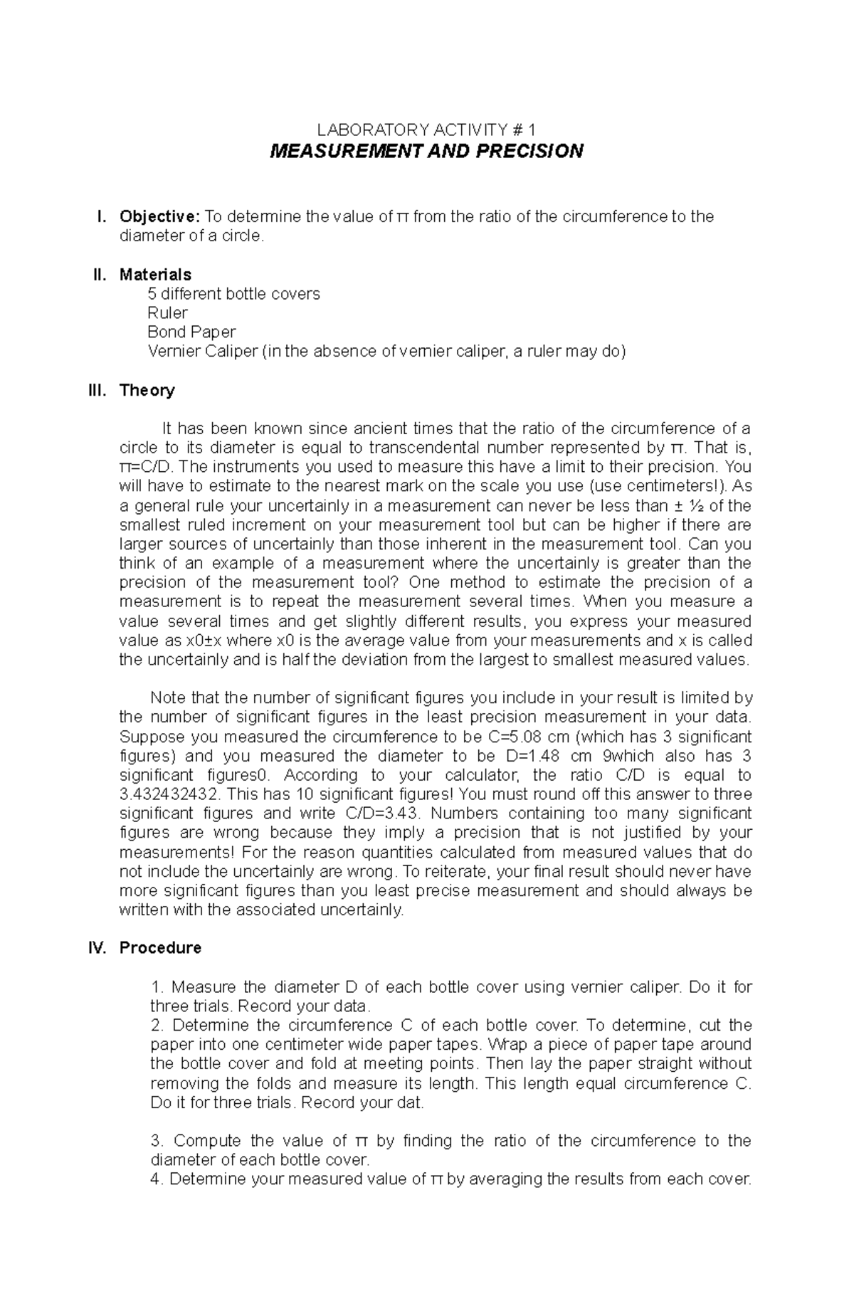Lab in Physics 12 - LABORATORY ACTIVITY # 1 MEASUREMENT AND PRECISION I ...