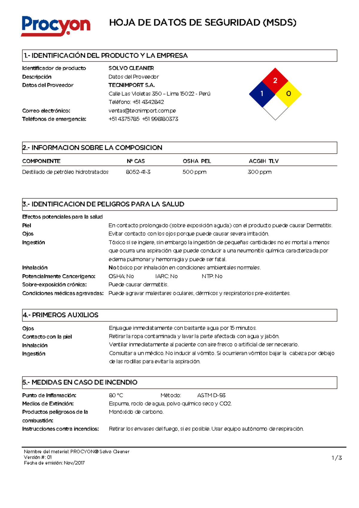 MSDS- Solvo- Cleaner - Hoja de datos de seguridad para analisis de riesgos - HOJA DE DATOS DE ...