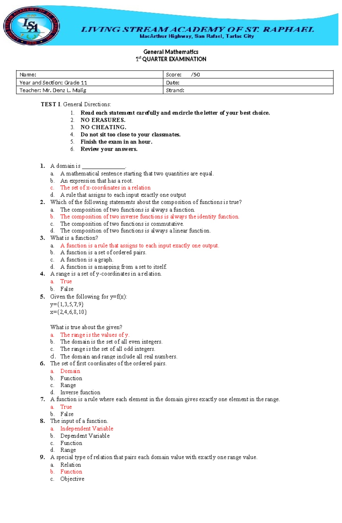 General Mathematics - Midterm - General Mathematics 1 st QUARTER ...