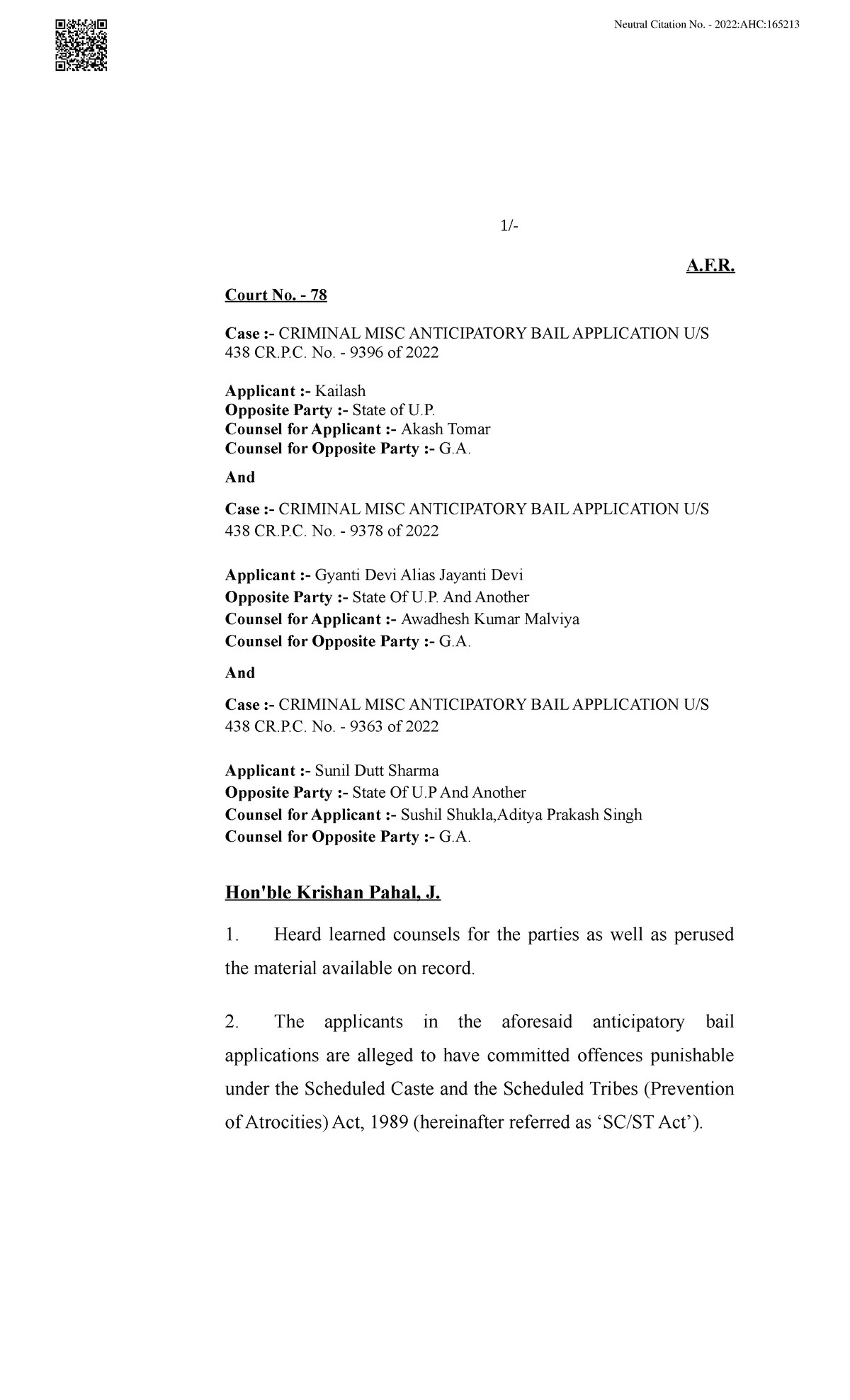 Abail(A) 9396 2022 - 1 /- A.F. Court No. - 78 Case :- CRIMINAL MISC ...