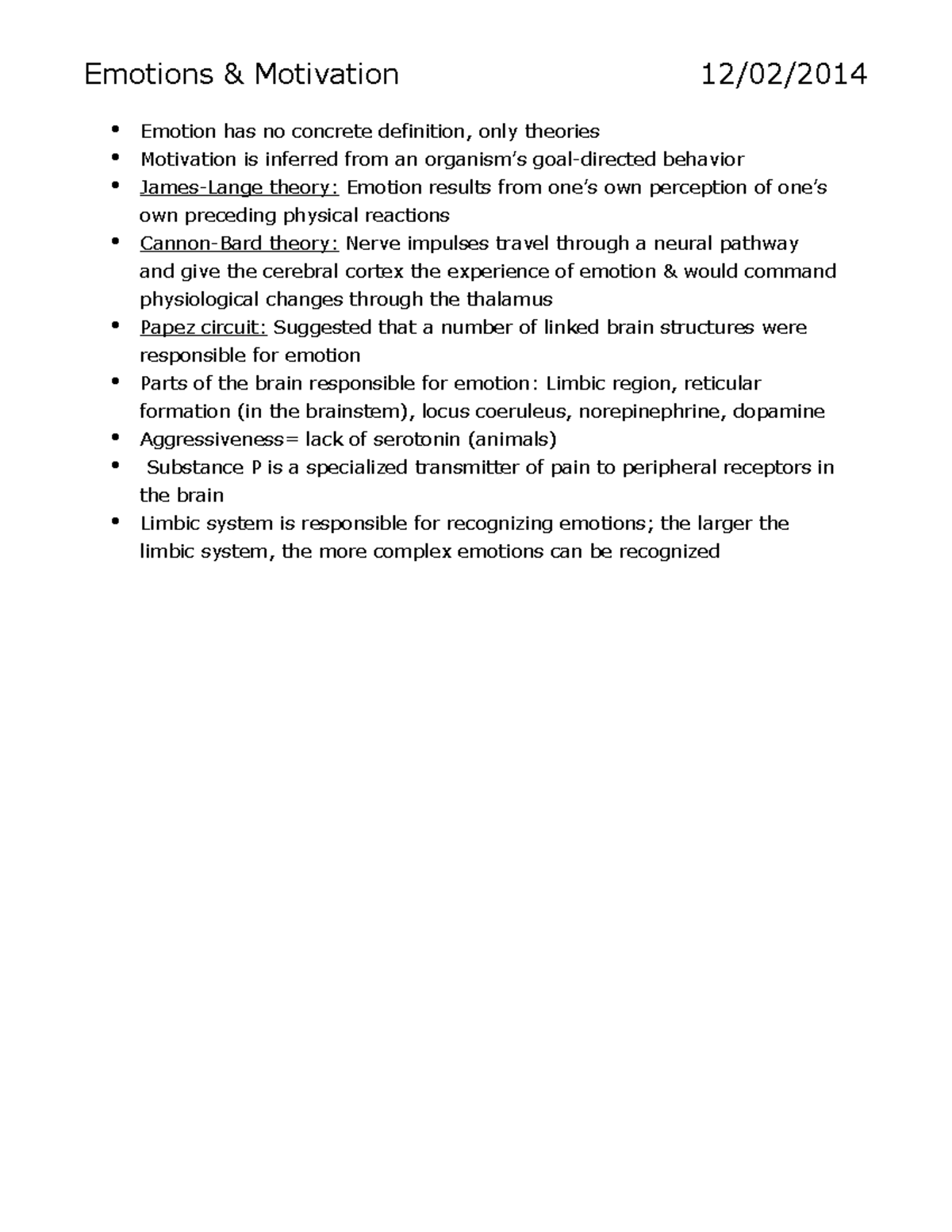 PSY 202 Chapter 8 - Emotions Motivation Emotion has no concrete definition, only theories ...