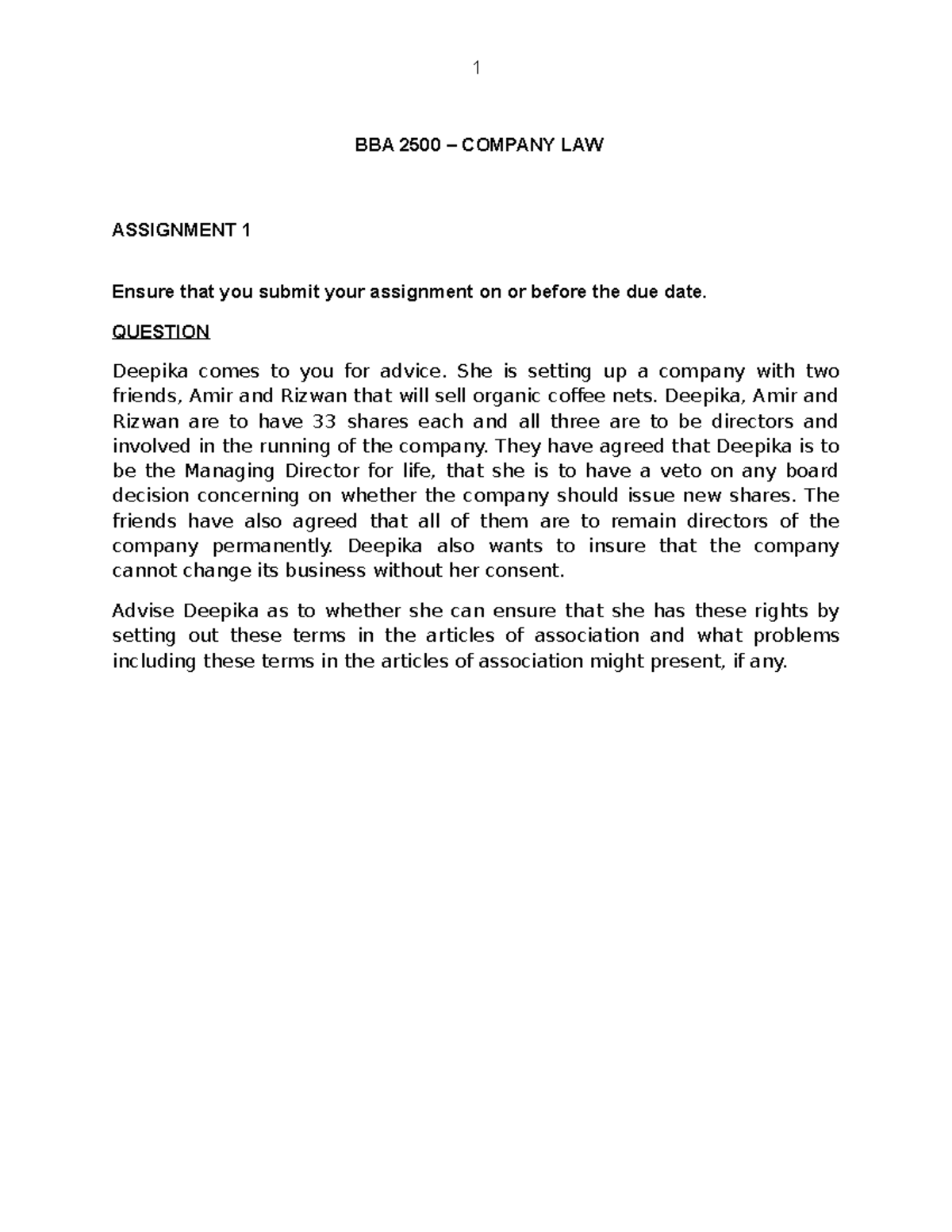 Company Law Assigment - 1 BBA 2500 – COMPANY LAW ASSIGNMENT 1 Ensure ...