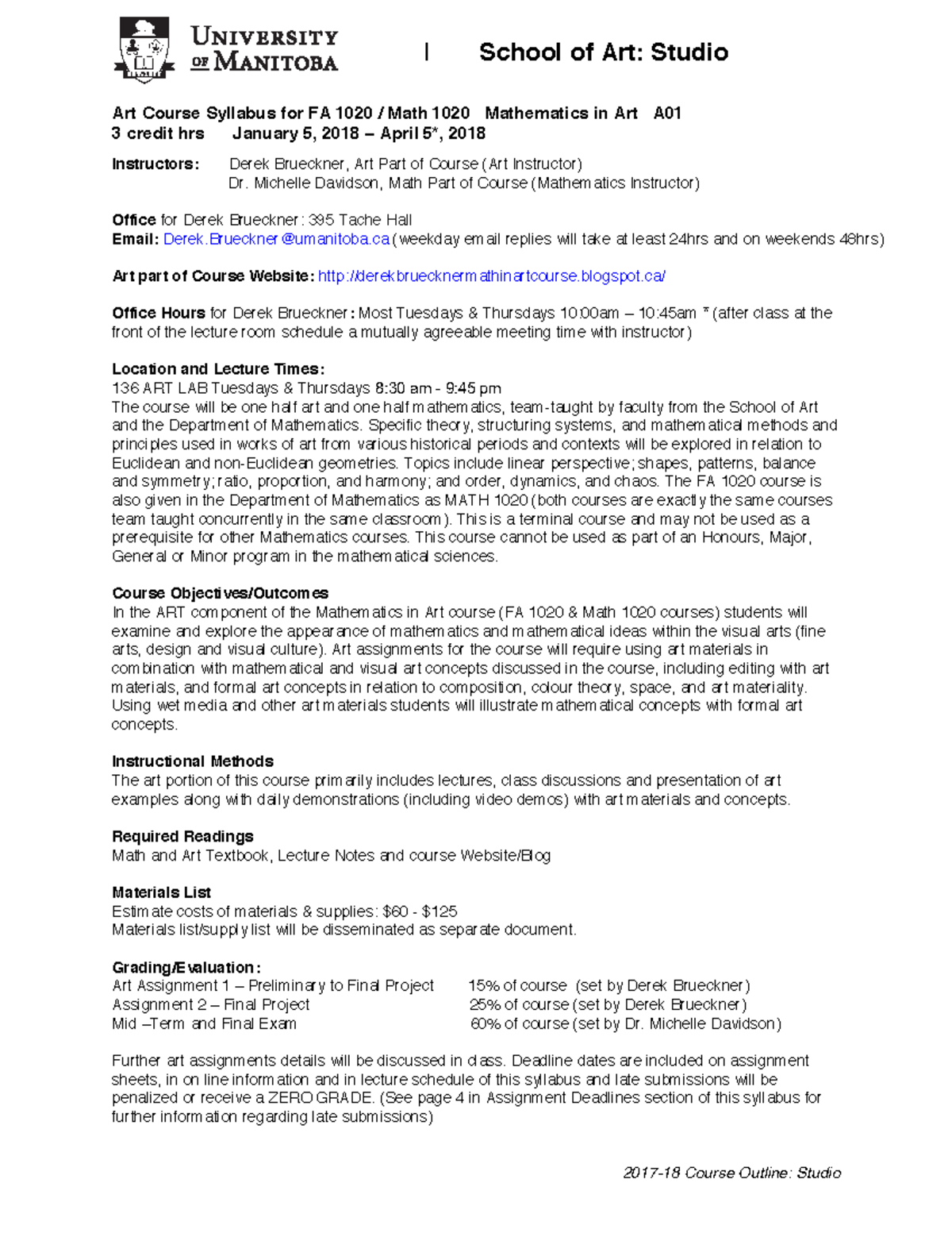1020 A01 Outline - Syllabus as of Jan 2 Winter 2018 - | School of Art ...