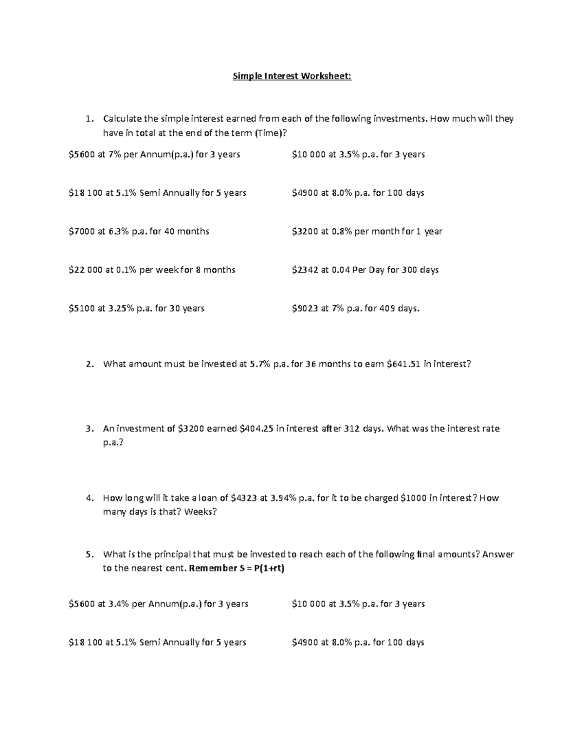 Simple Interest Worksheet (Present TO Future Value) - Simple Interest ...