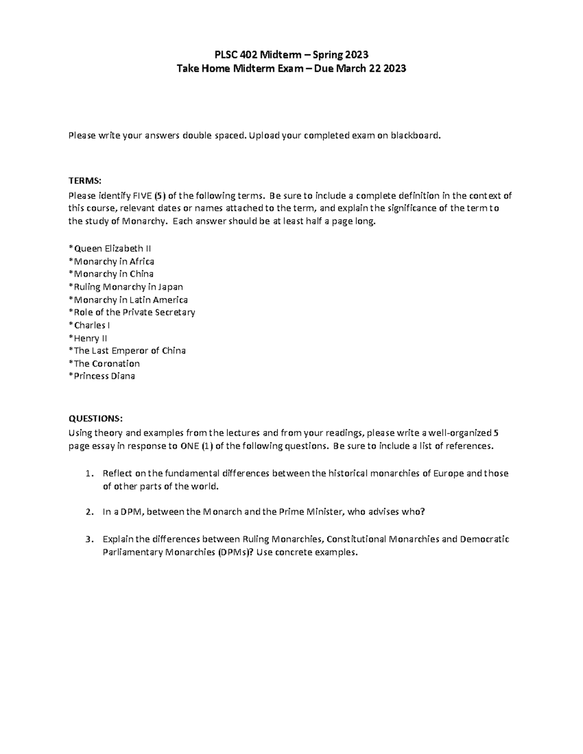 Mid Term Monarchy 2023 - PLSC 402 Midterm – Spring 2023 Take Home ...