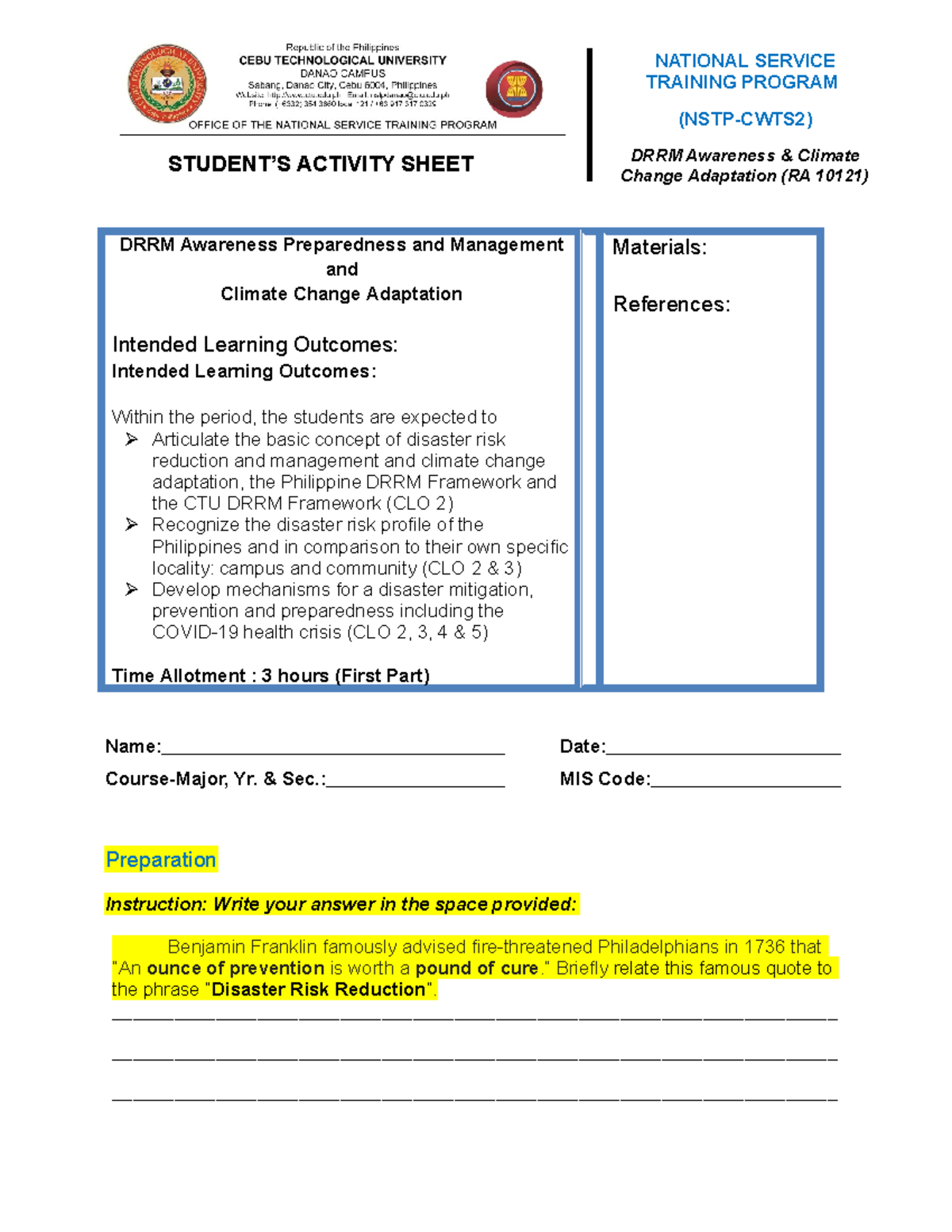 Activity-3 DRRM-Awareness-Preparation-and-Management - STUDENT’S ACTIVITY SHEET DRRM Awareness ...