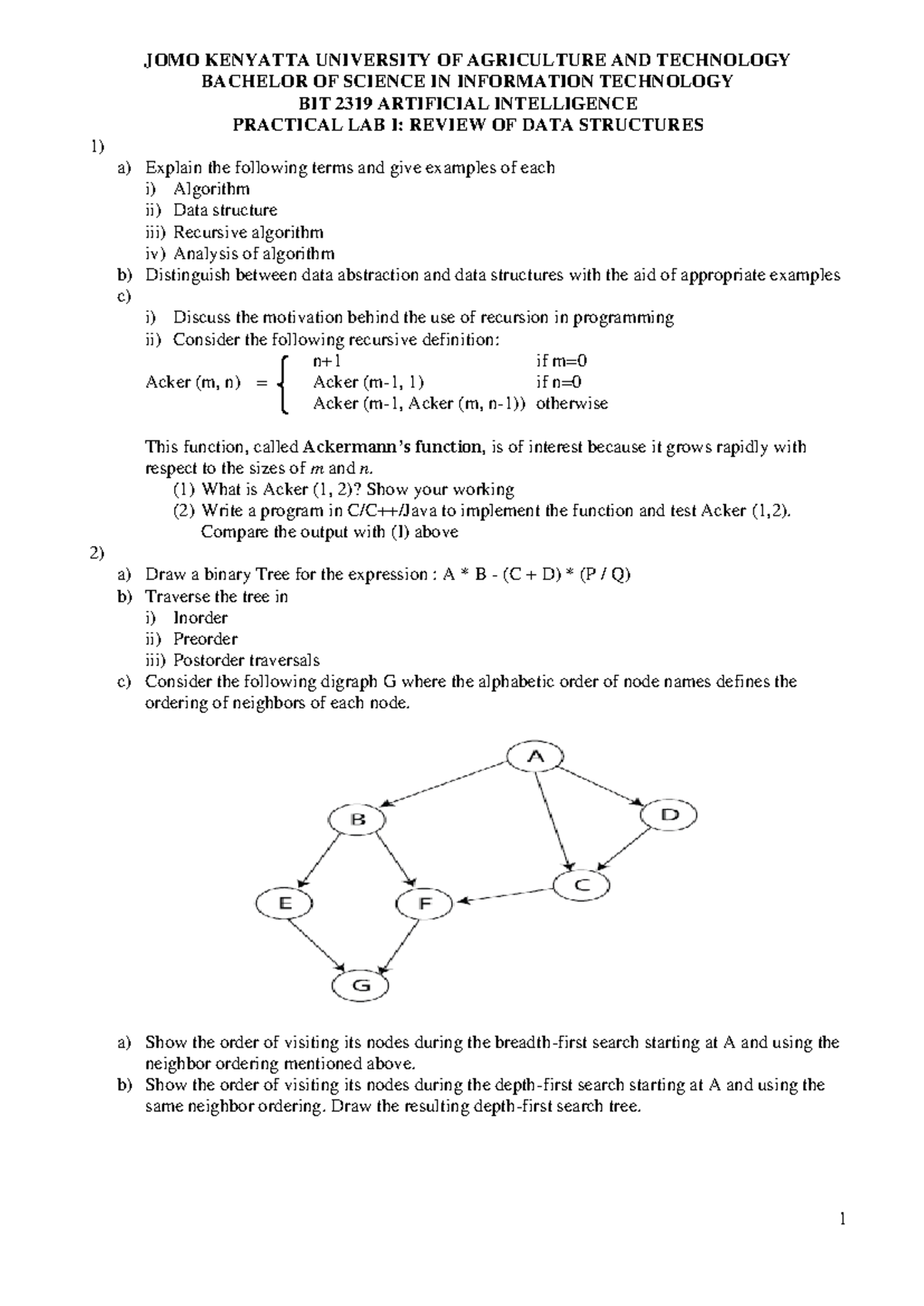 BIT 2319 Lab Practical I Review of Data Structures - 1 JOMO KENYATTA ...