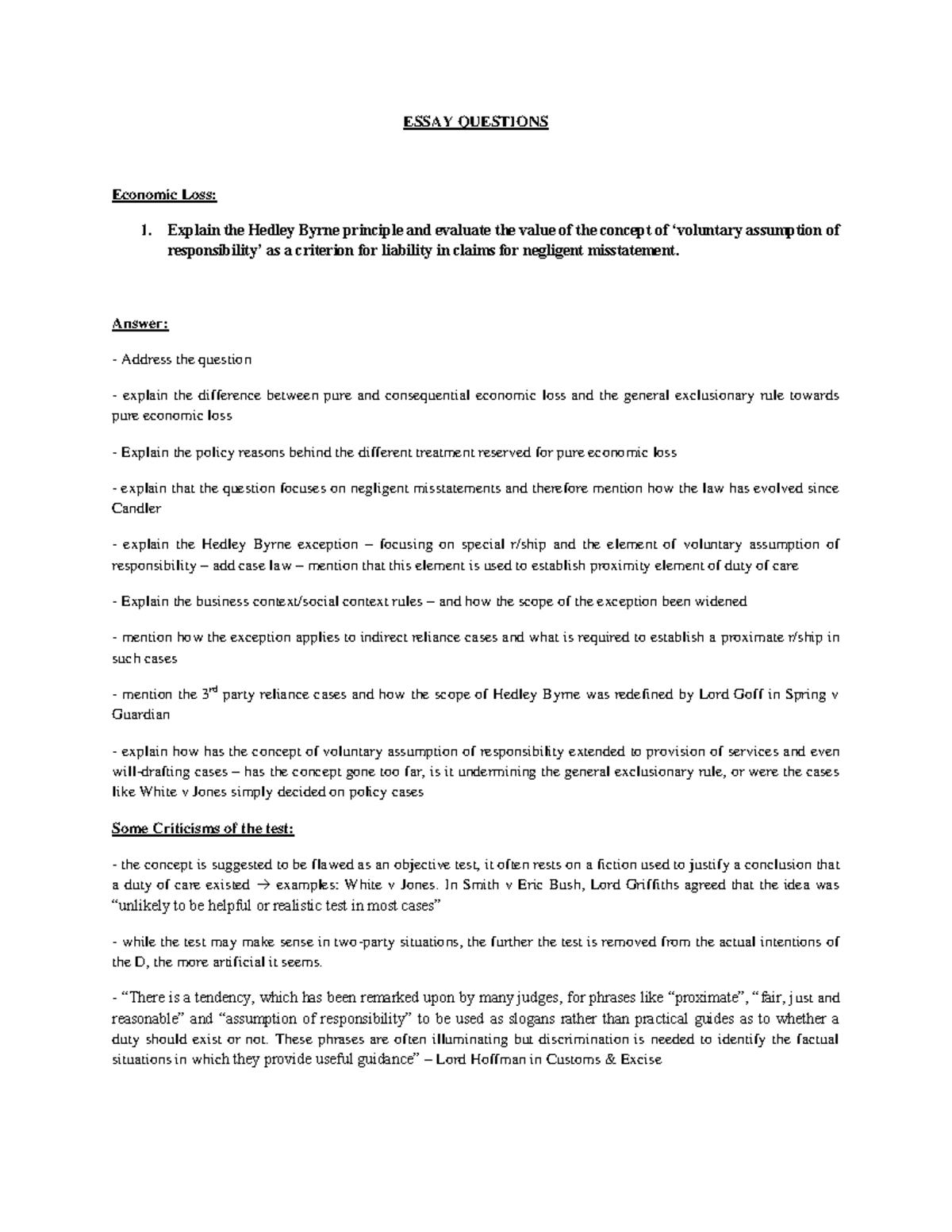 Essay Answering Patterns - ESSAY QUESTIONS Economic Loss: Explain the ...