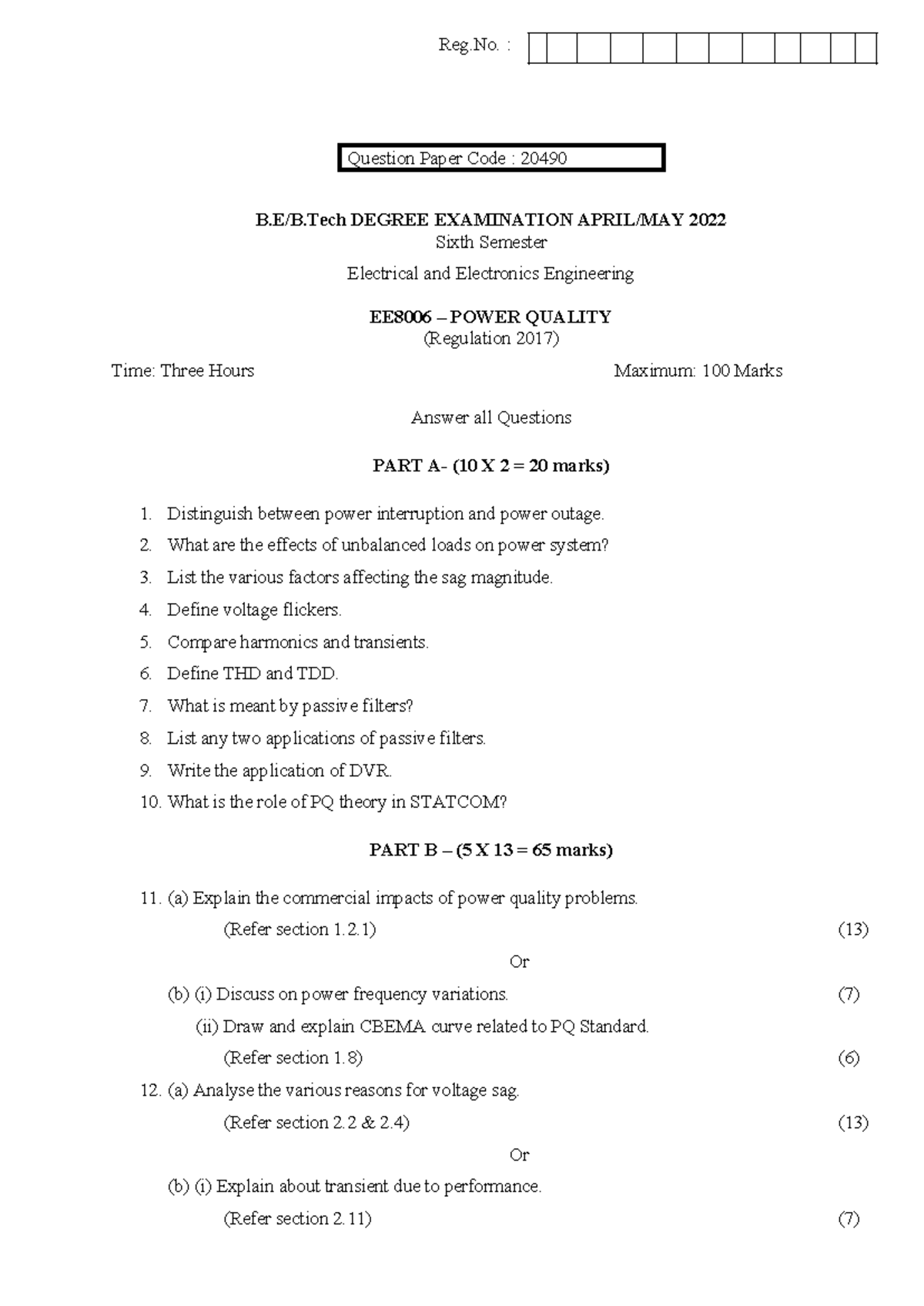 Power Quality - QUESTION PAPERS - Reg. : Question Paper Code : 20490 B ...