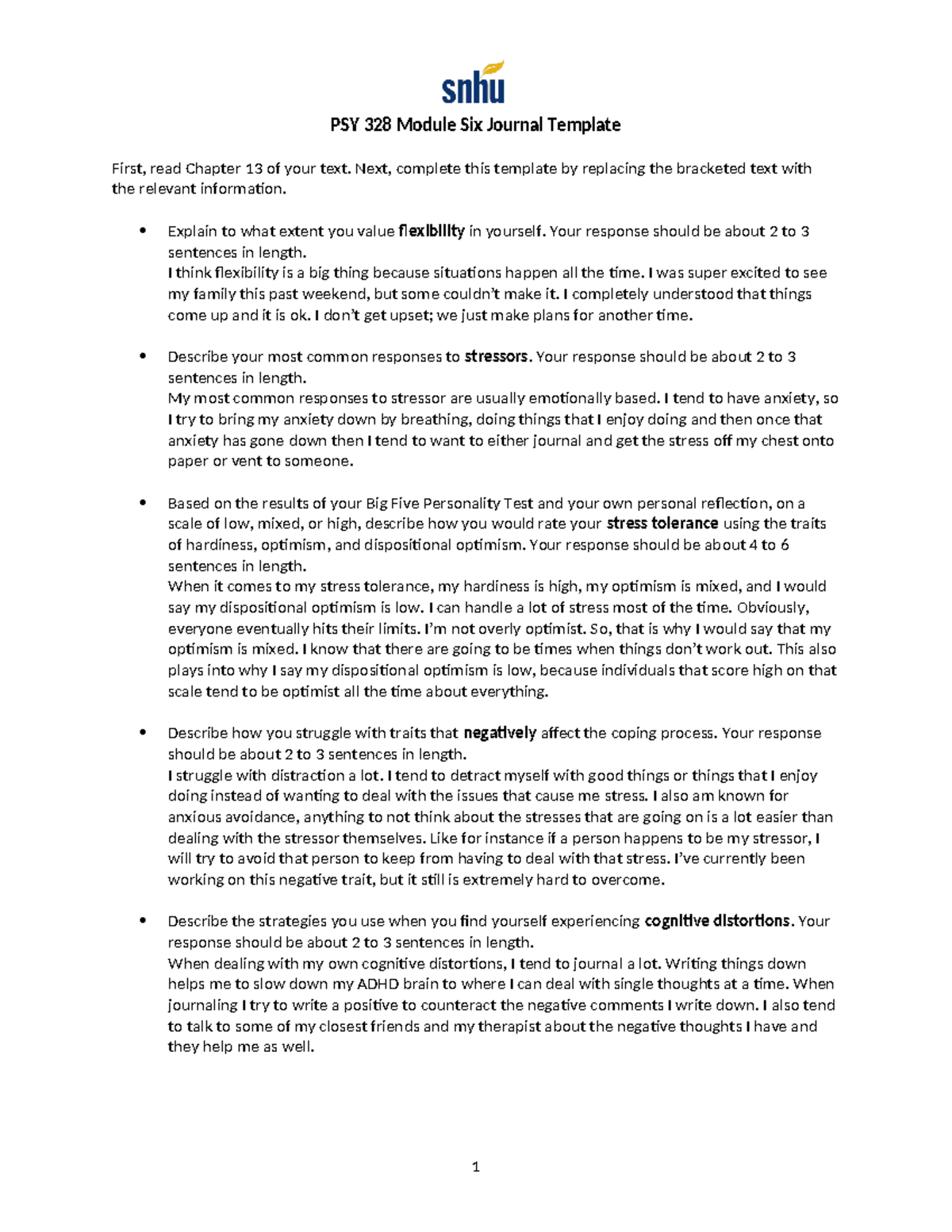 PSY 328 Module Six Journal - Next, complete this template by replacing the bracketed text with ...