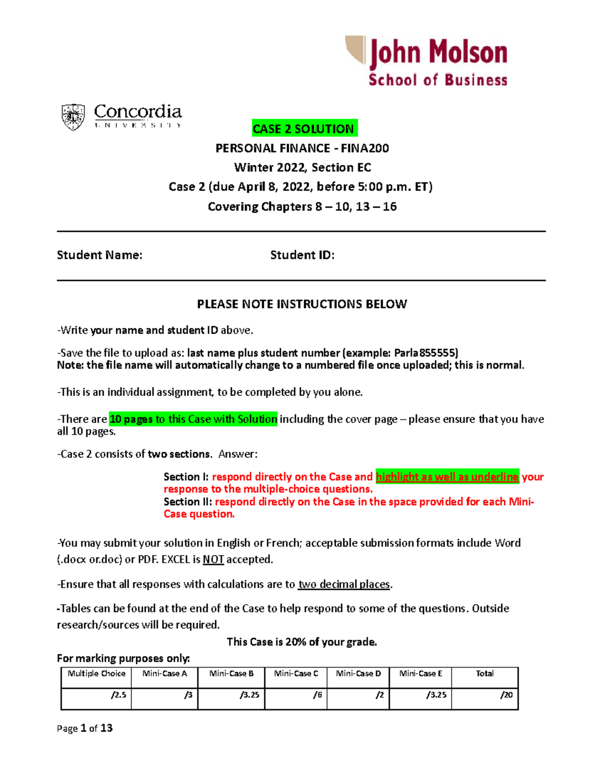 Case Questions and Answers - CASE 2 SOLUTION PERSONAL FINANCE - FINA ...