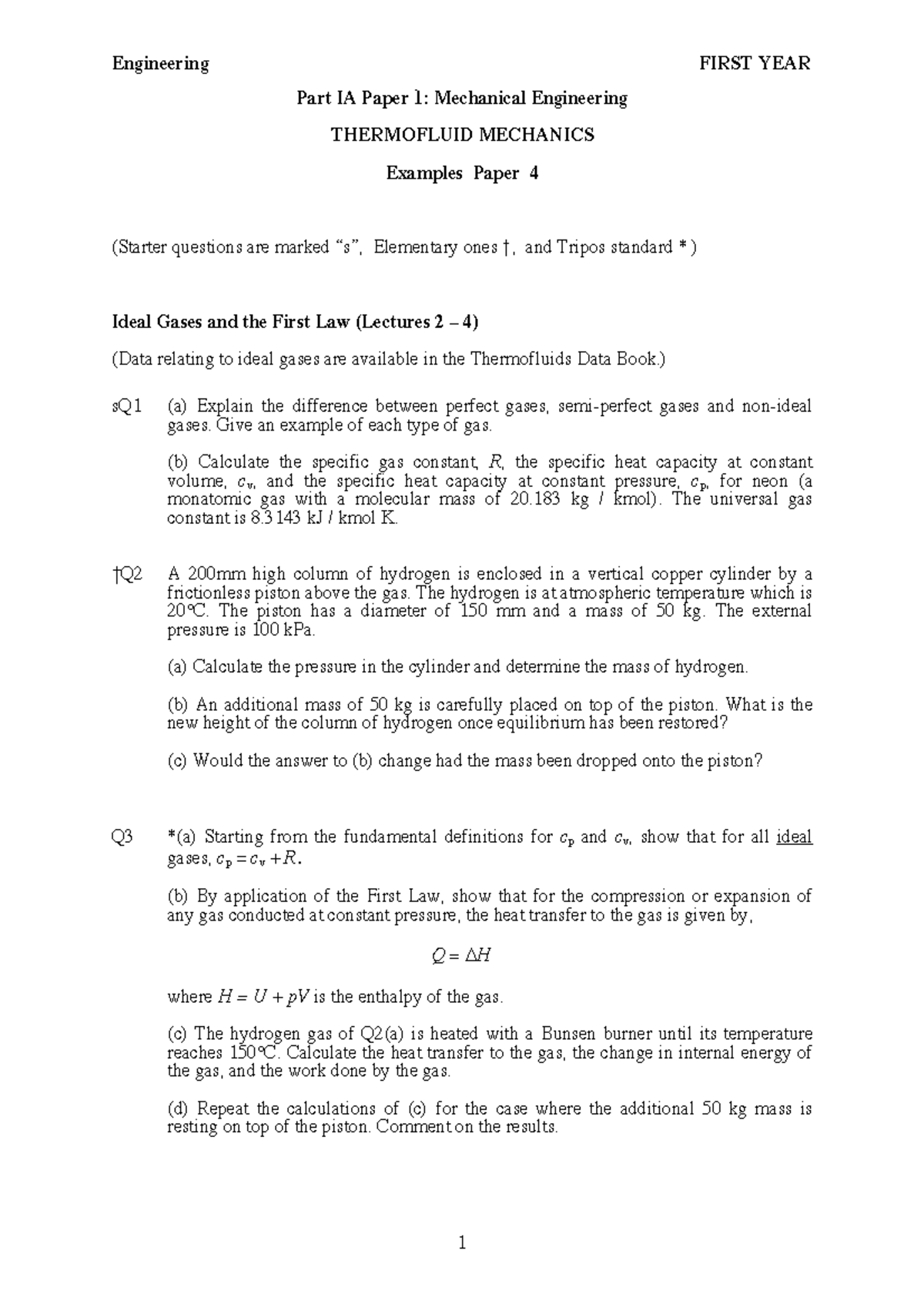 Examples Paper 4 2021 - notes - Part IA Paper 1: Mechanical Engineering ...