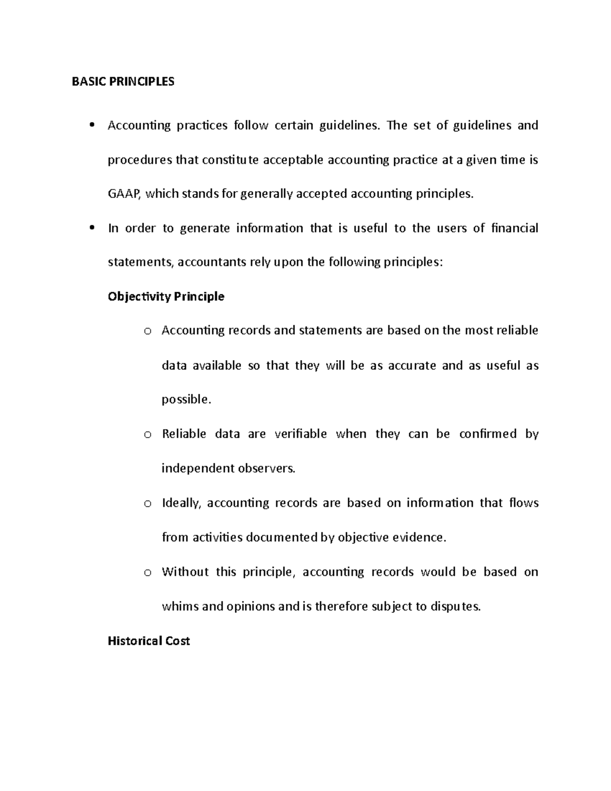 Basic Principles - BASIC PRINCIPLES Accounting practices follow certain ...