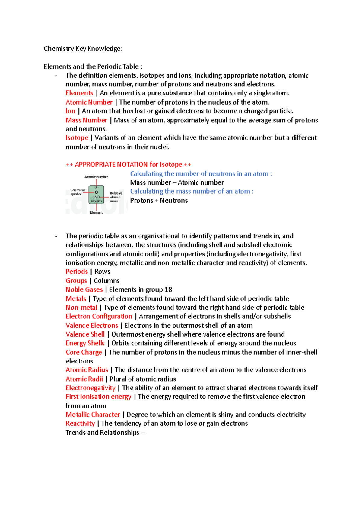 Chem key knowledge - Chemistry Key Knowledge: Elements and the Periodic ...