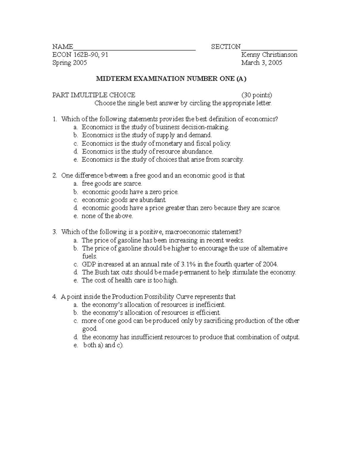 Midterm 1 spring 05 - NAME___________________________________ SECTION________________ ECON 162B ...