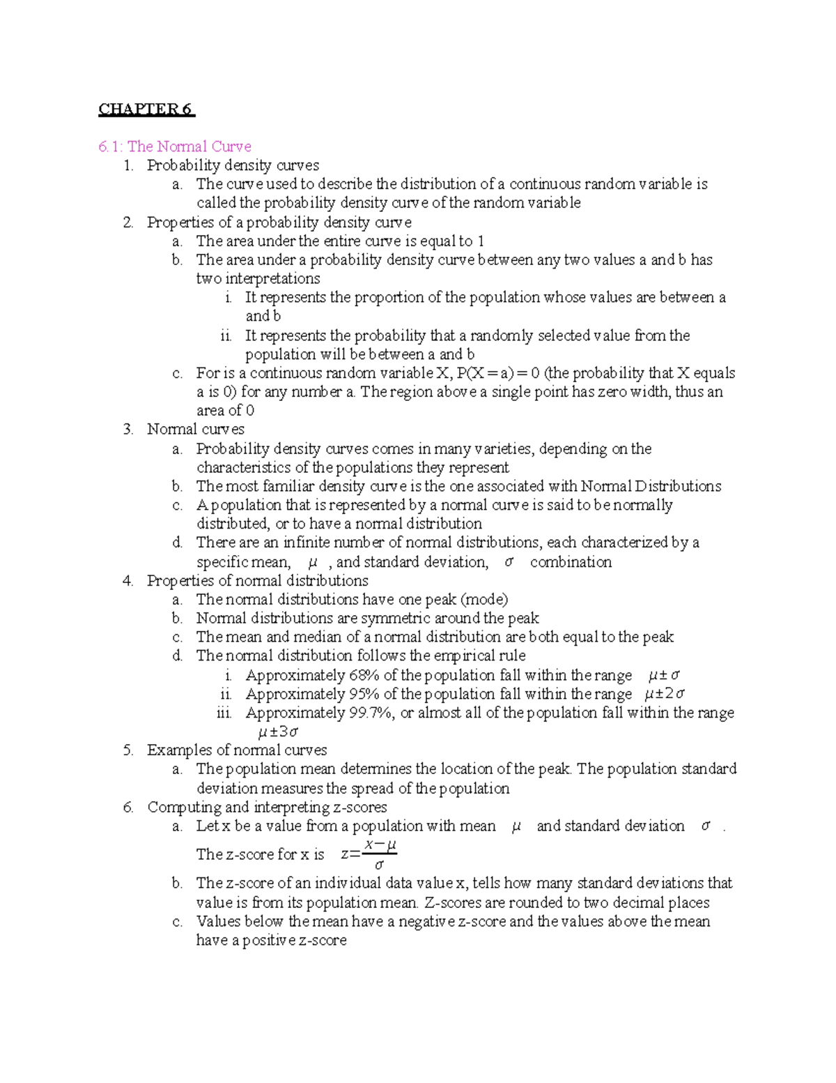 MATH 220 Chapter 6 - Professor Korayem - CHAPTER 6 6: The Normal Curve 1. Probability density ...