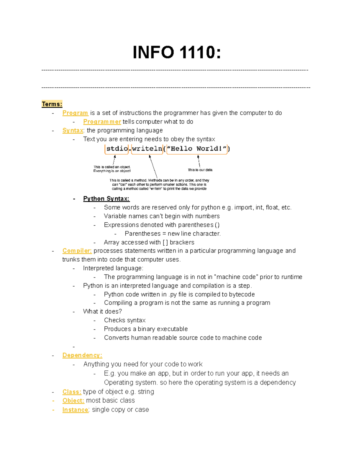 INFO1110 Lecture Notes - INFO 1110: Terms: - Program is a set of ...