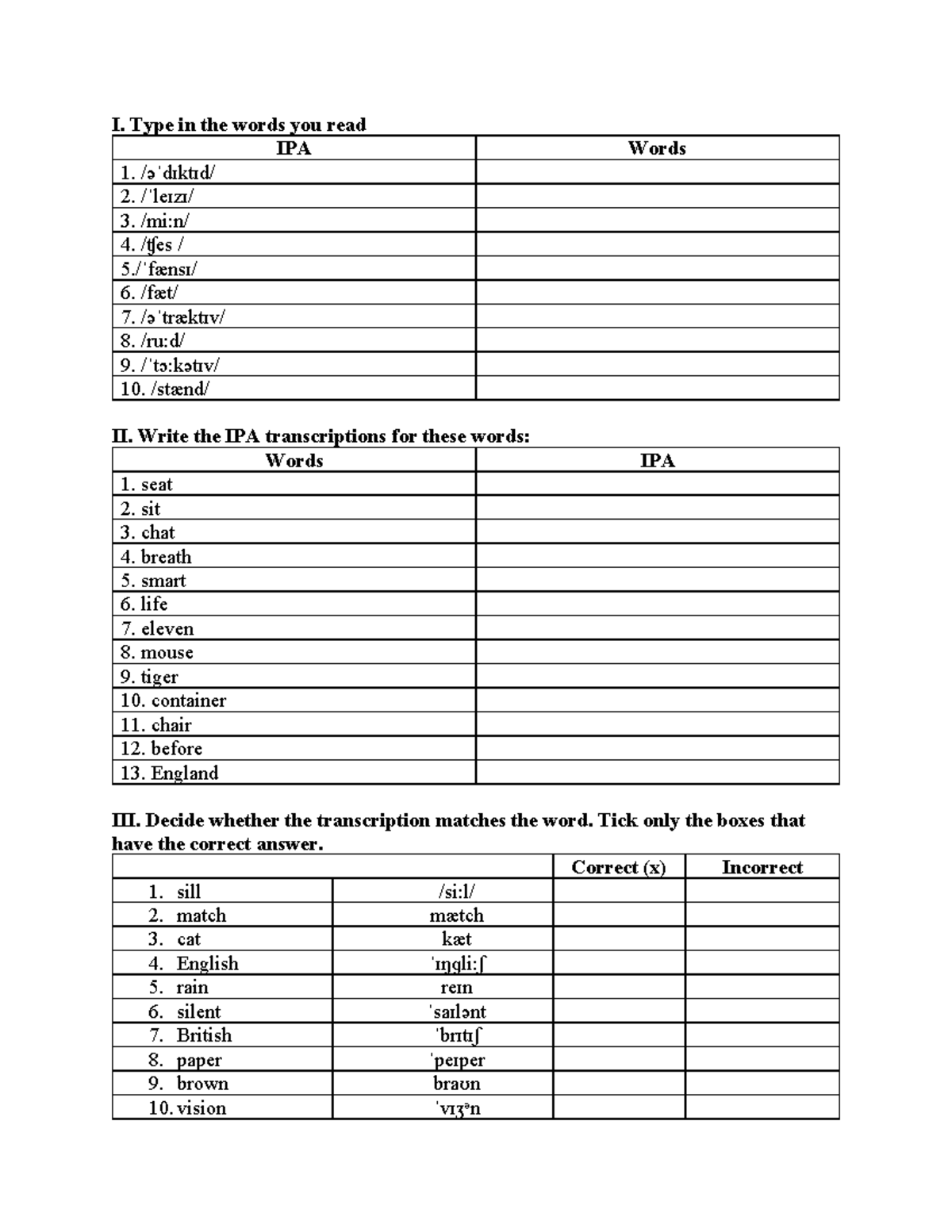 Transcription Review - Pronunciation in use - I. Type in the words you ...