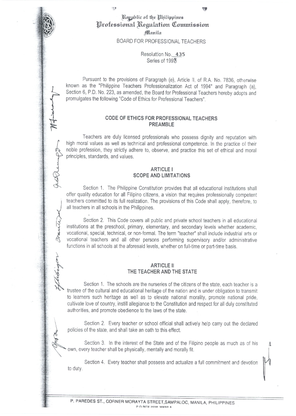 Resolution no. 435 Code of Ethics - Secondary Education - Studocu