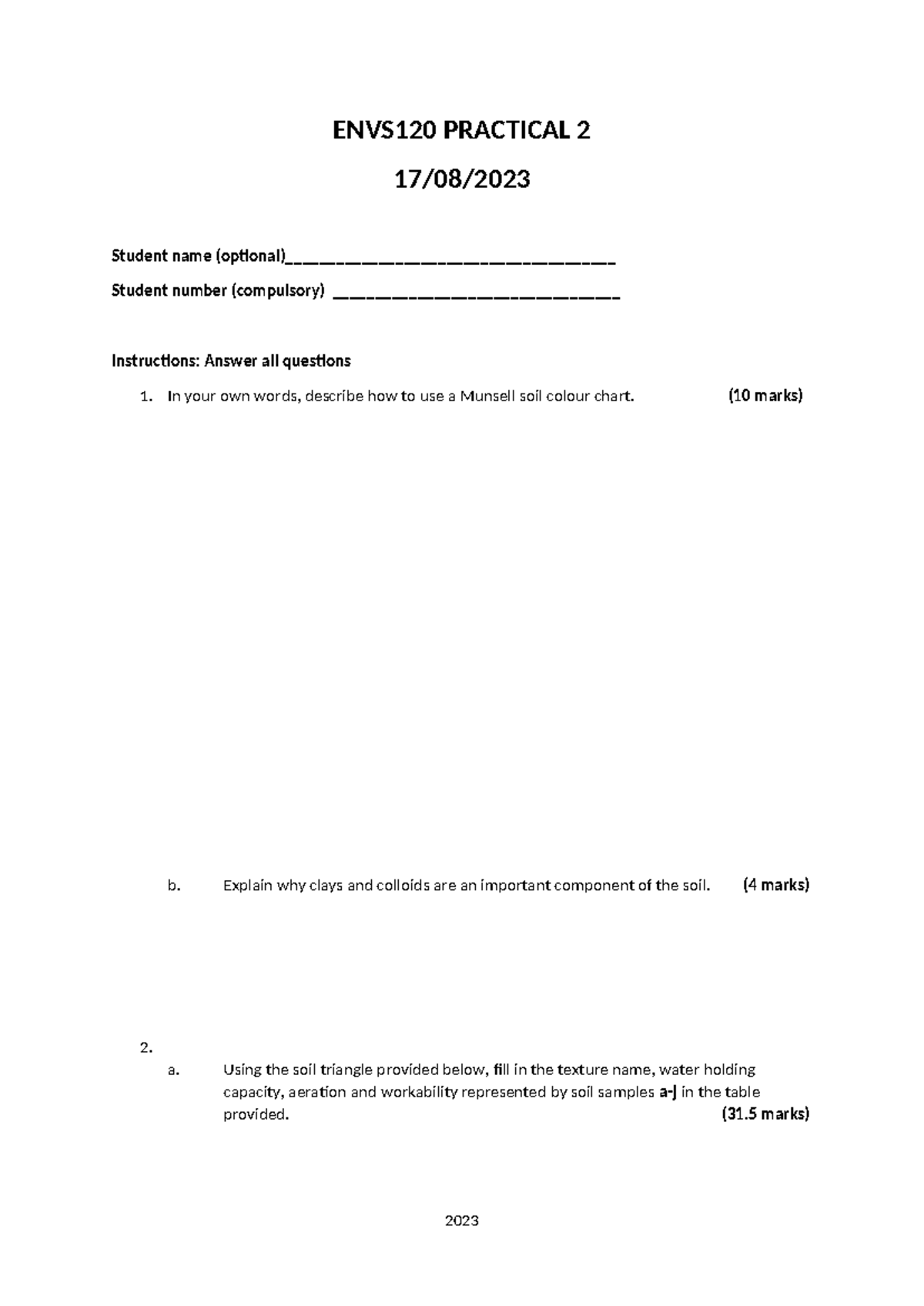 ENVS120 PRAC 2 2023 Practical 2 2023 - ENVS120 PRACTICAL 2 17/08 ...