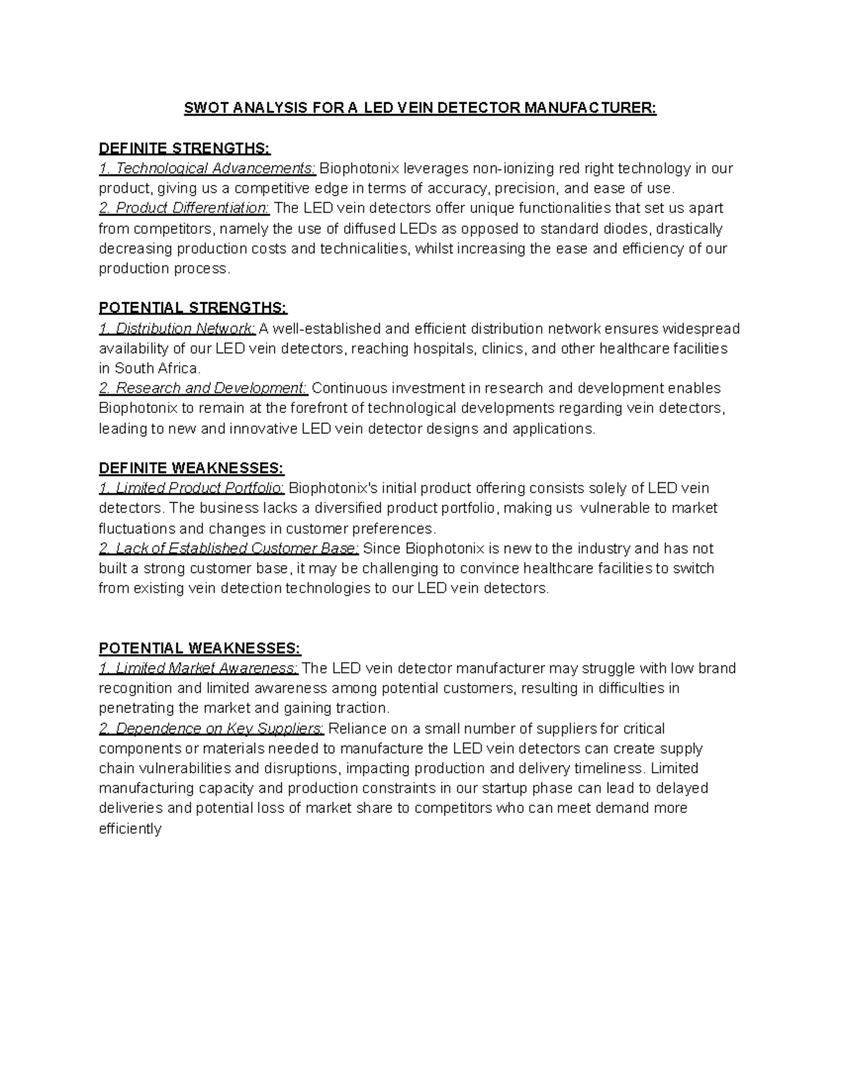SWOT Analysis example - SWOT ANALYSIS FOR A LED VEIN DETECTOR ...
