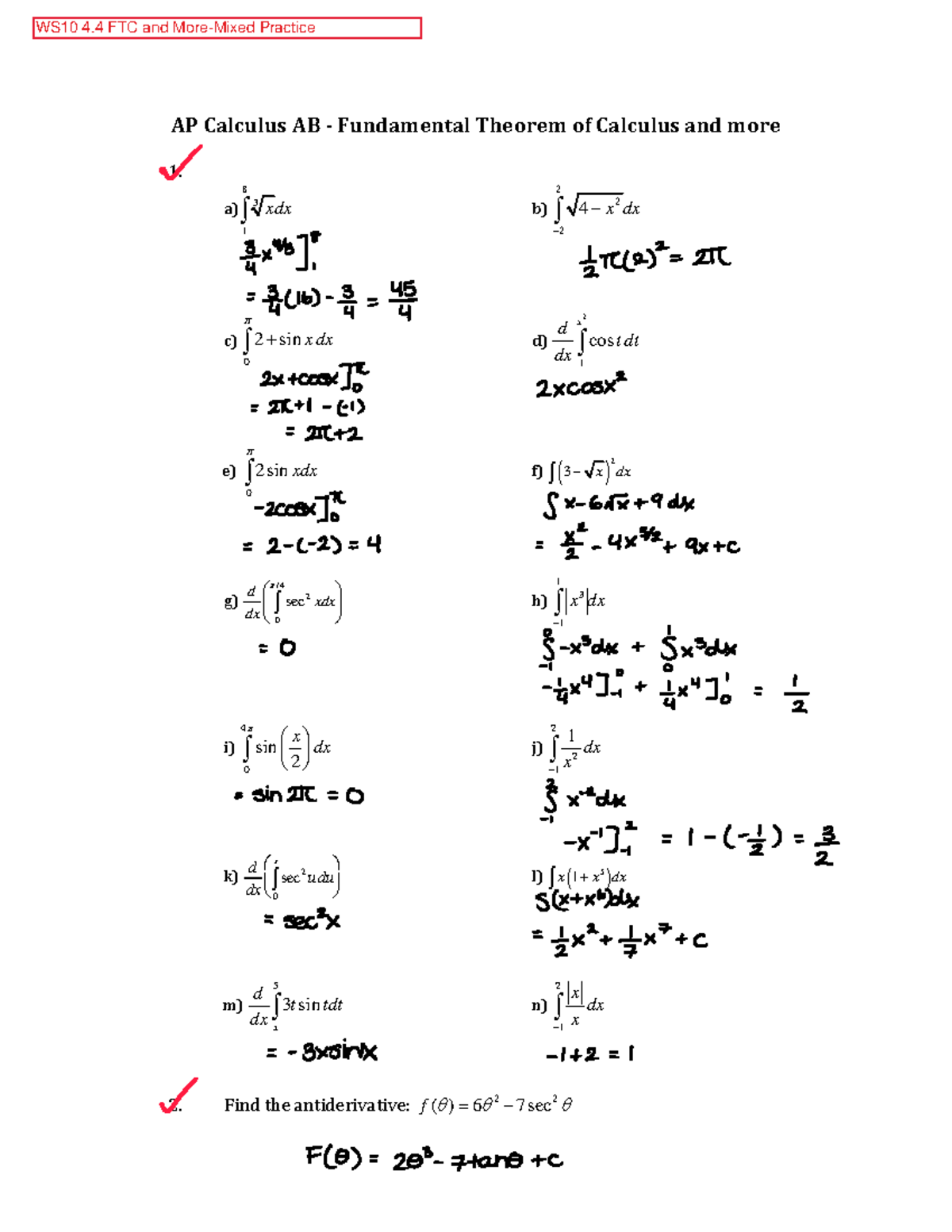 WS10 4-4 FTC and more-mixed practice - AP Calculus AB - Fundamental Theorem of Calculus and more ...