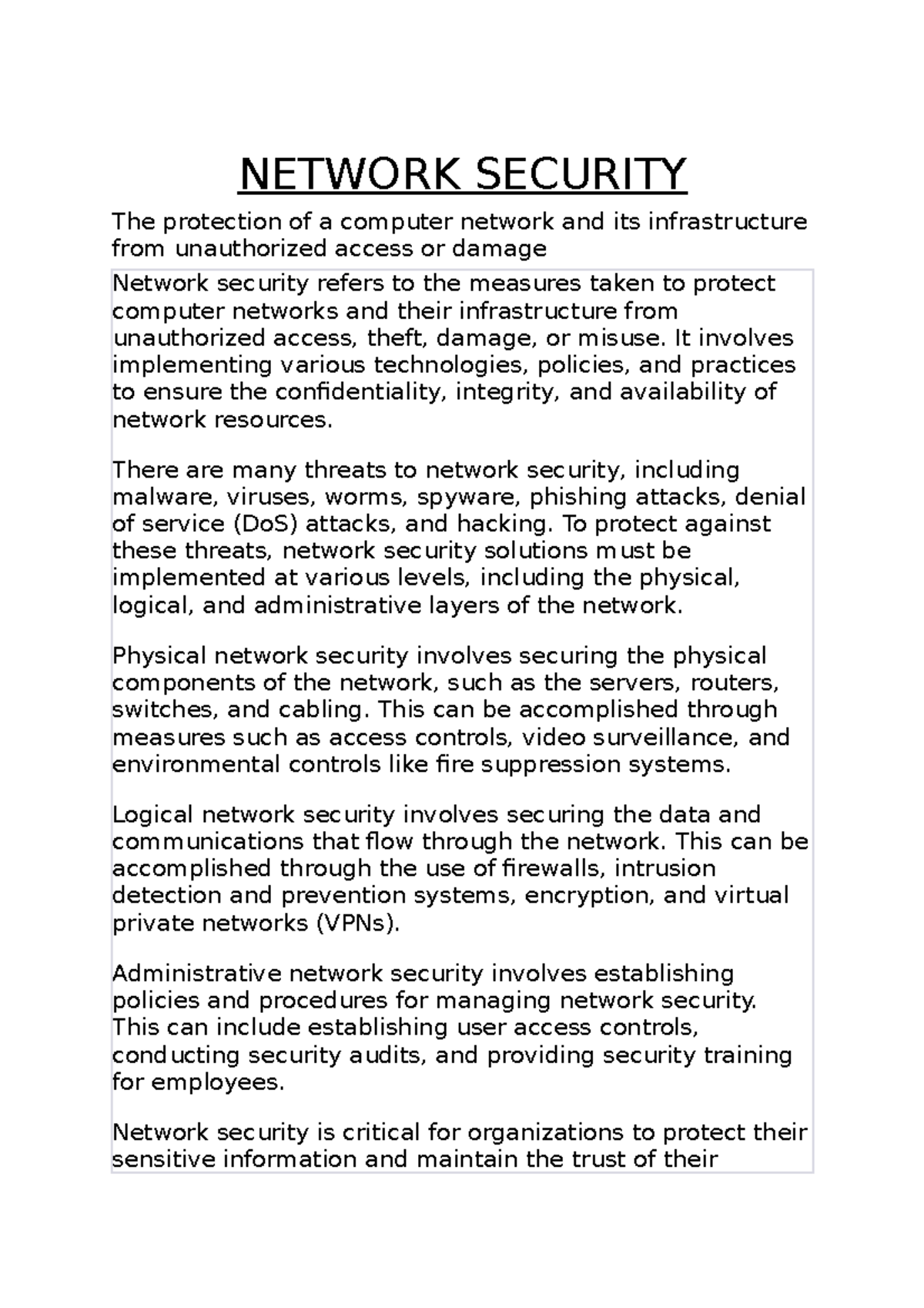 Network Security - NETWORK SECURITY The protection of a computer network and its infrastructure ...