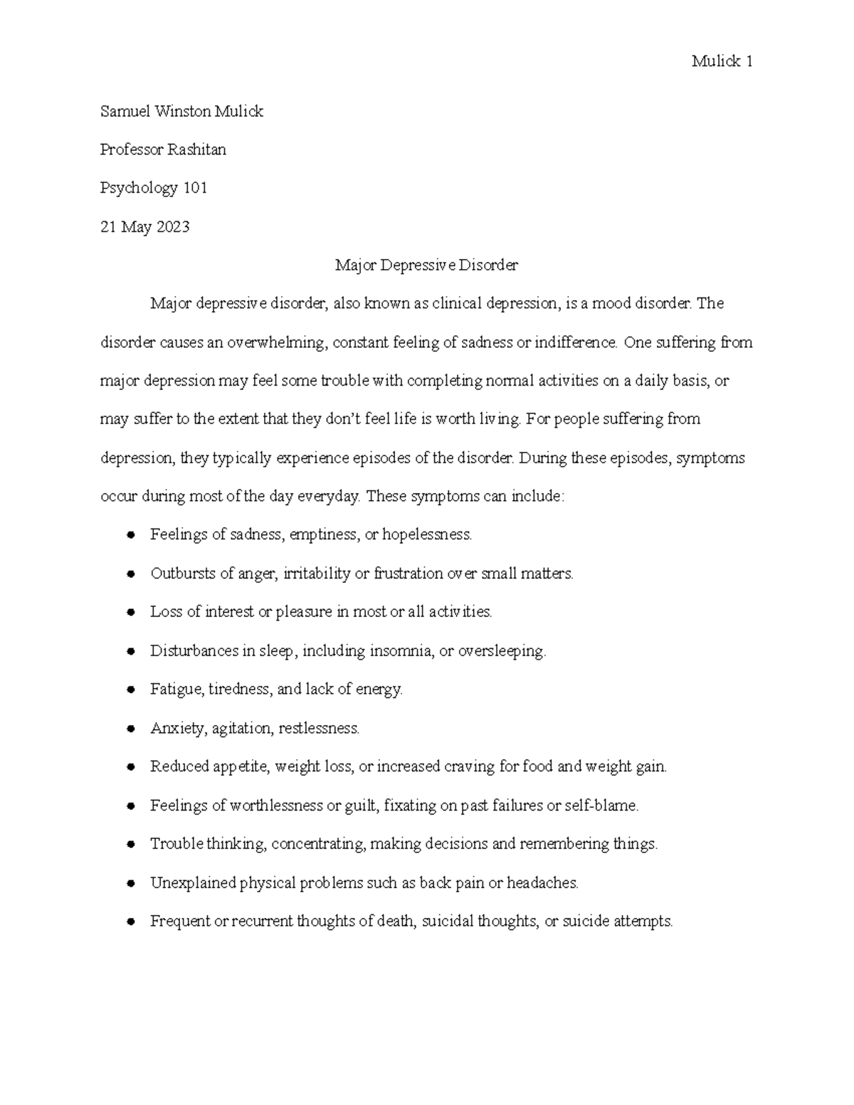 Behavioral Disorder Paper - Samuel Winston Mulick Professor Rashitan ...