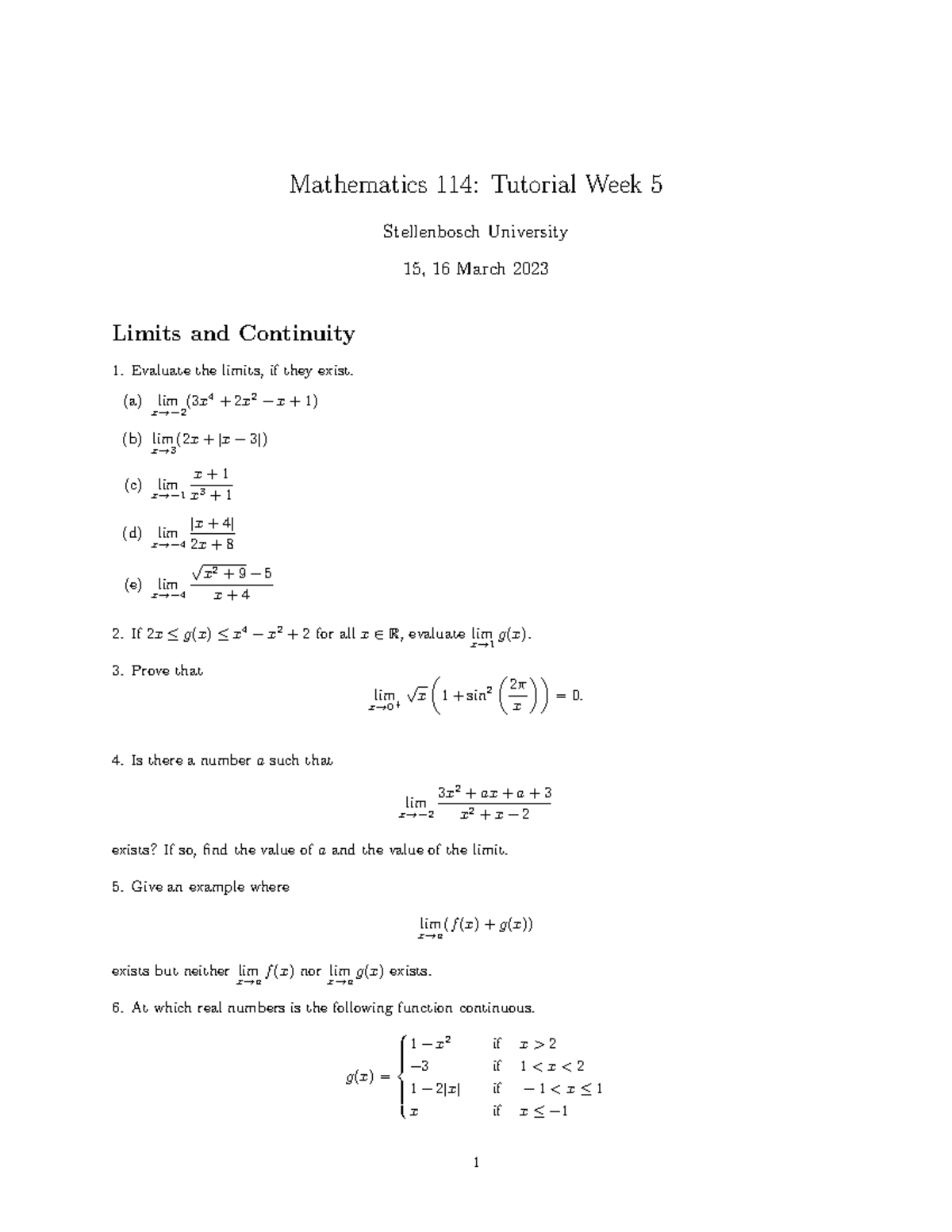 Tutorial Week 5 Eng - Mathematics 114: Tutorial Week 5 Stellenbosch ...