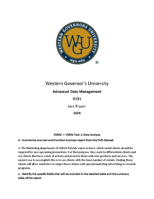 WGU Performance Assessment - VDM2 — VDM2 TASK 1: DATA ANALYSIS ADVANCED DATA MANAGEMENT — D PRFA ...