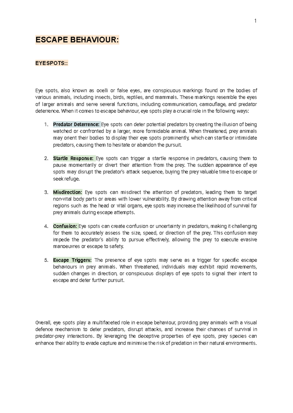 Behaviour Ecology Notes PART2 - ESCAPE BEHAVIOUR: EYESPOTS:: Eye spots ...