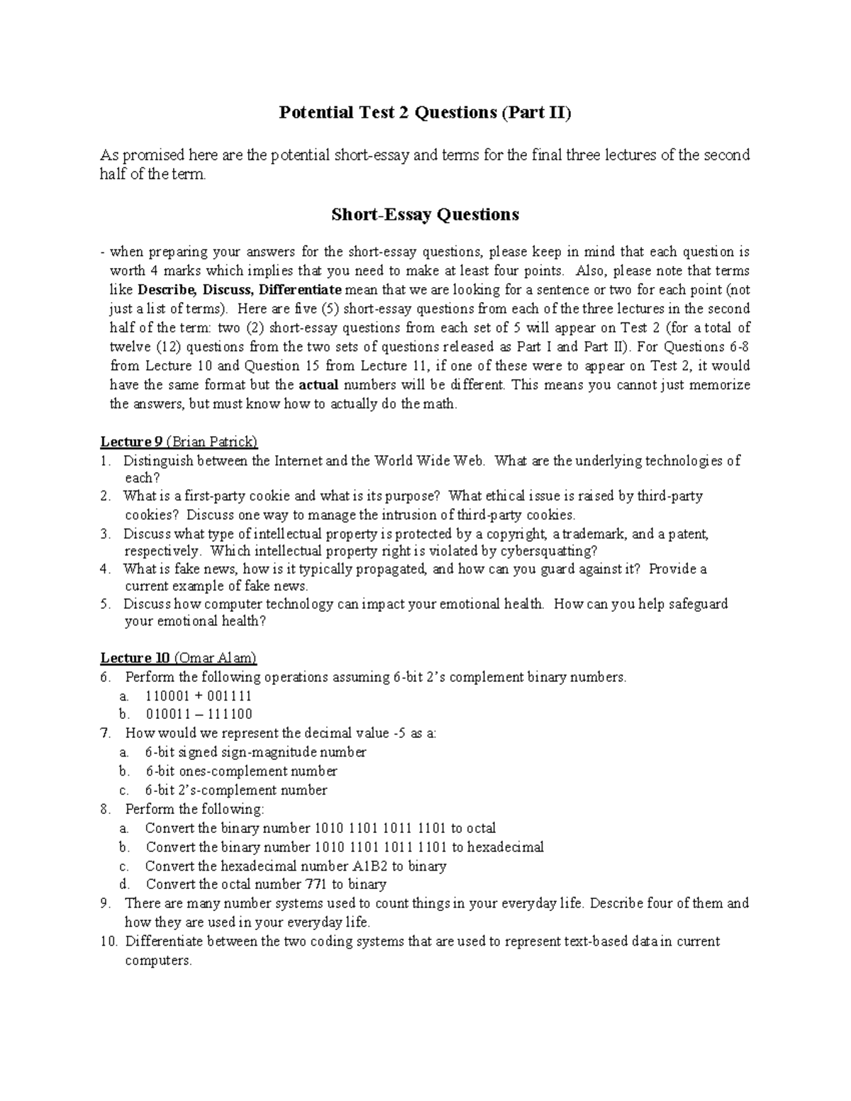 Potential Test 2 Questions f17-Part2v2 - Potential Test 2 Questions ...
