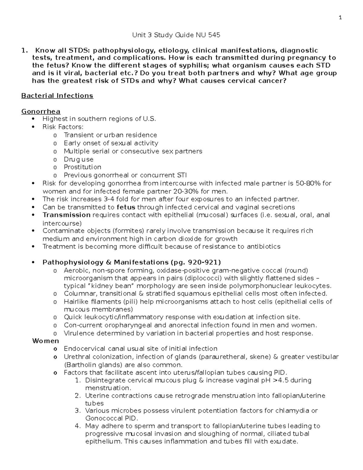 Unit 3 Study Guide - Unit 3 Study Guide NU 545 Know all STDS ...