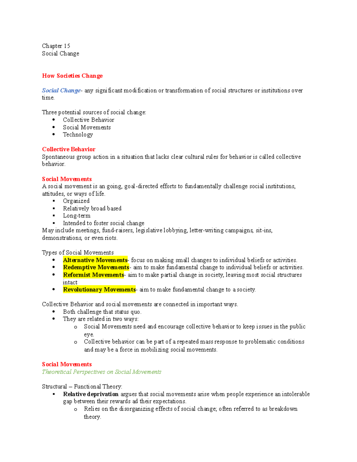 Sociology - Chapter 15 - Notes - Chapter 15 Social Change How Societies ...