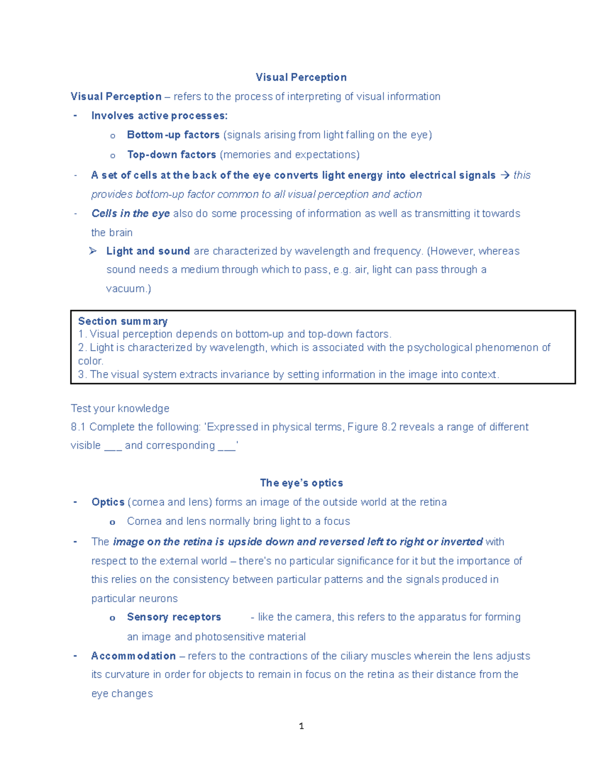 Visual Perception - Biopsych Lecture Notes - Visual Perception Visual ...