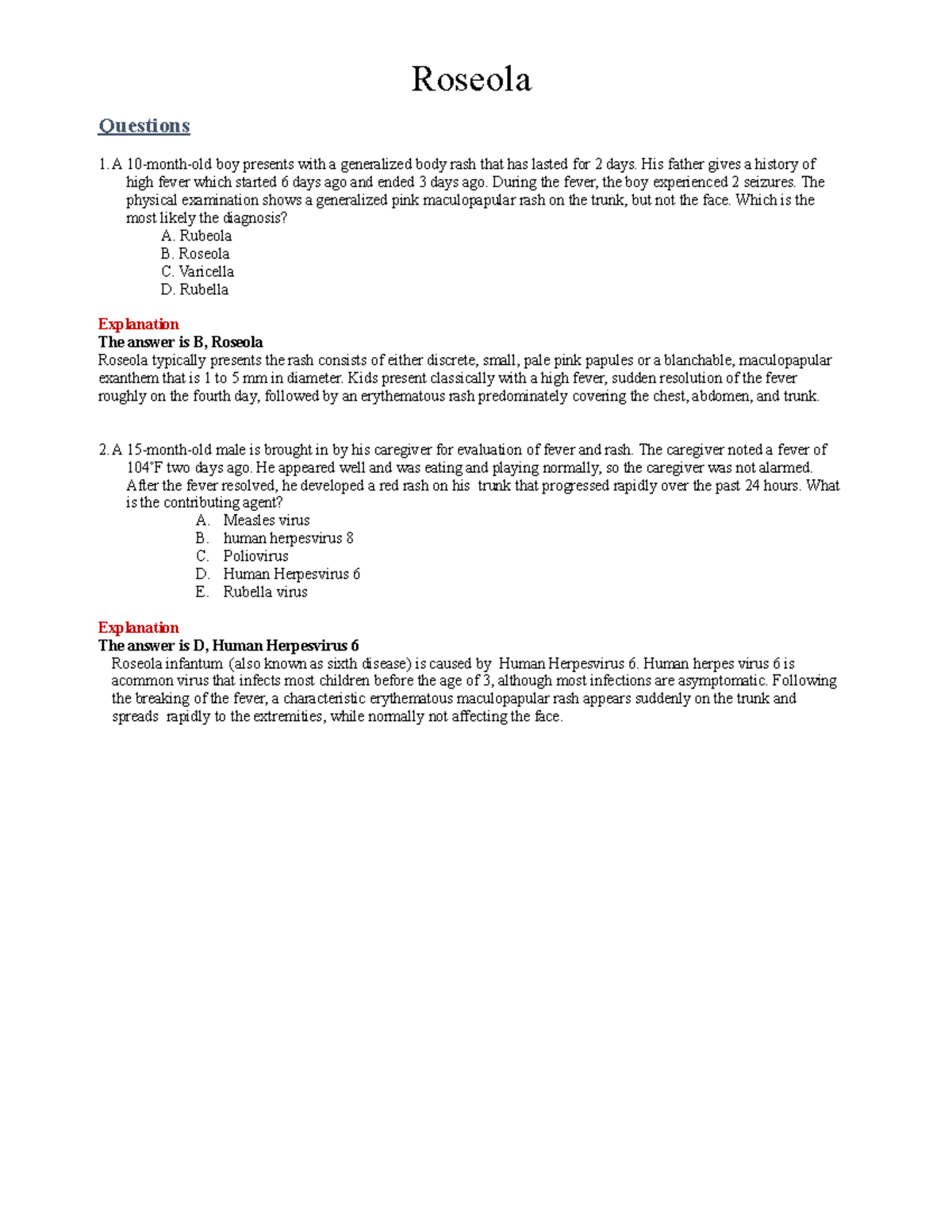Roseola Questions:Explanations - Roseola Questions A 10-month-old boy ...