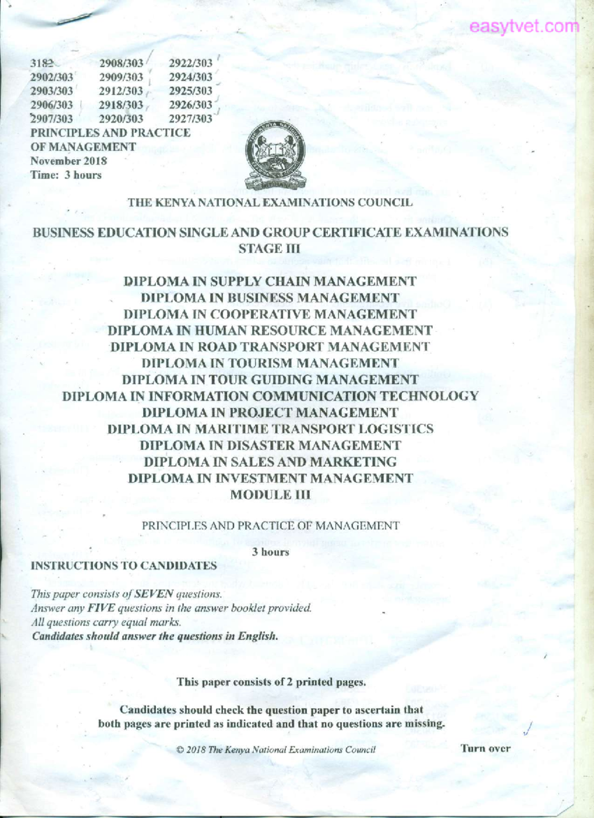 2018 nov - Knec past papers - Project Management - Studocu