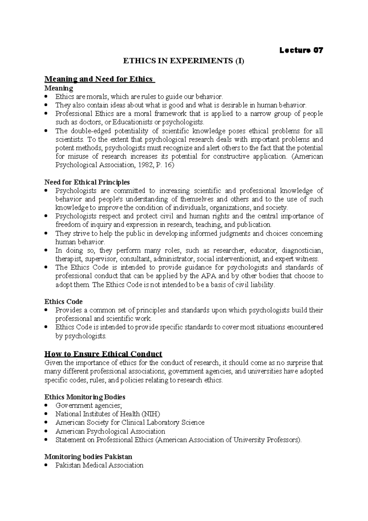Lecture 07 - Lecture 07 ETHICS IN EXPERIMENTS (I) Meaning and Need for ...