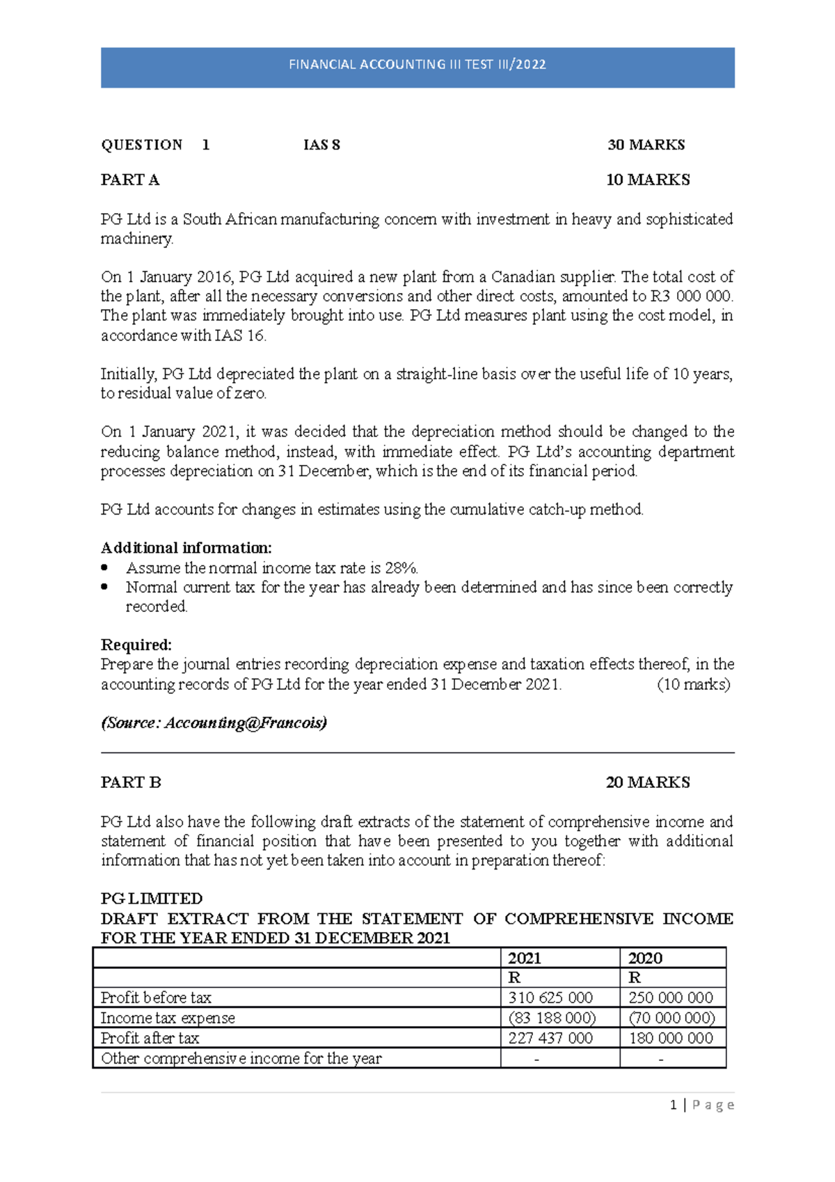 2022 Financial ACC III test 3 Question paper - QUESTION 1 IAS 8 30 ...