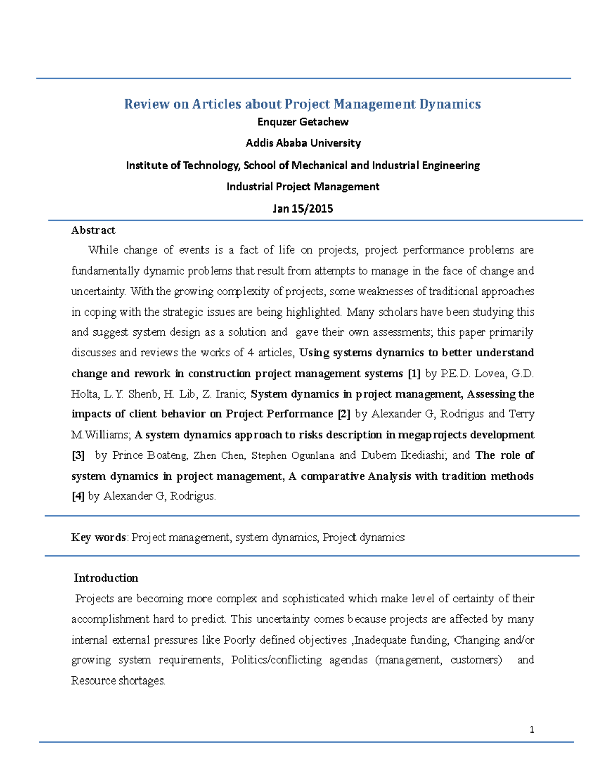 Sample article review - Review on Articles about Project Management ...