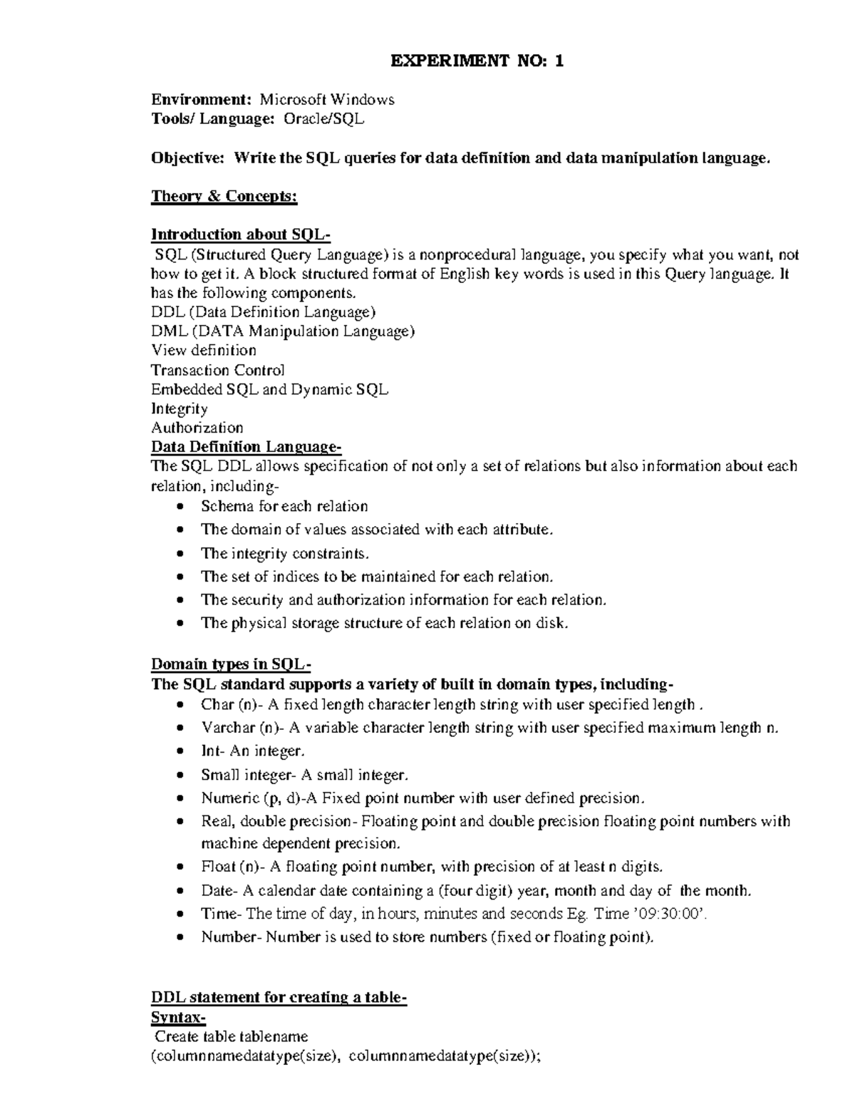 Lab practical Assignment 1(1) - EXPERIMENT NO: 1 Environment: Microsoft Windows Tools/ Language ...