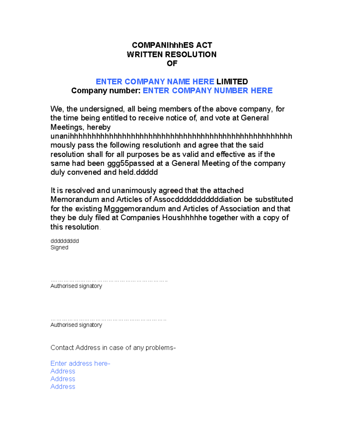 Change of M and A resolution - COMPANIhhhES ACT WRITTEN RESOLUTION OF ...