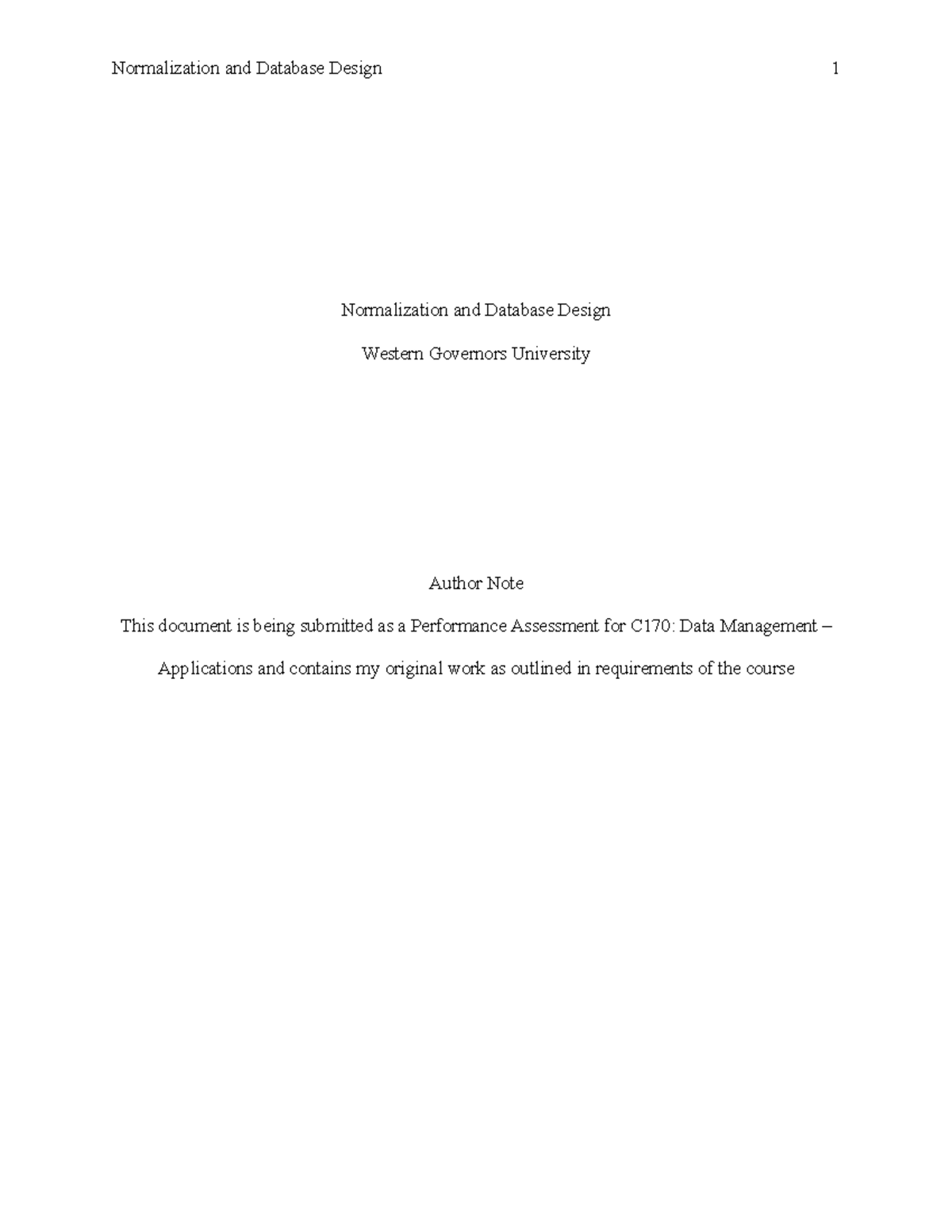 Final Normalization and Database Design - Normalization and Database Design Western Governors ...