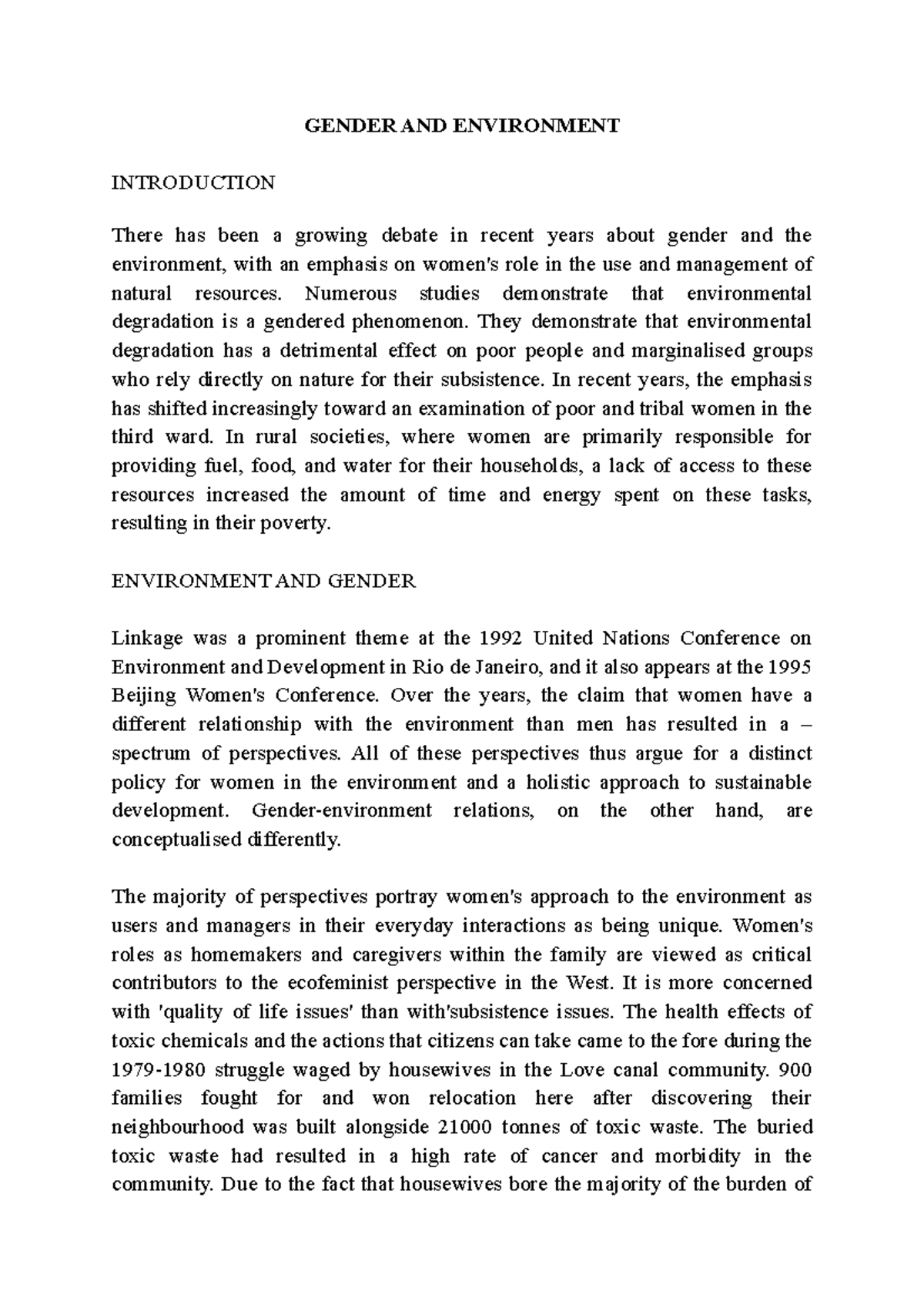 Gender AND Environment - GENDER AND ENVIRONMENT INTRODUCTION There has ...