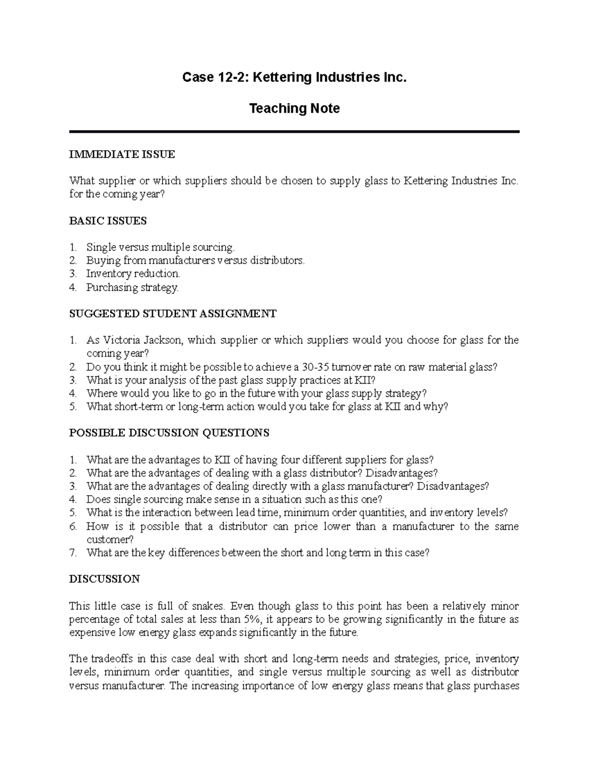 Case - Description - Case 12-2: Kettering Industries Inc. Teaching Note ...