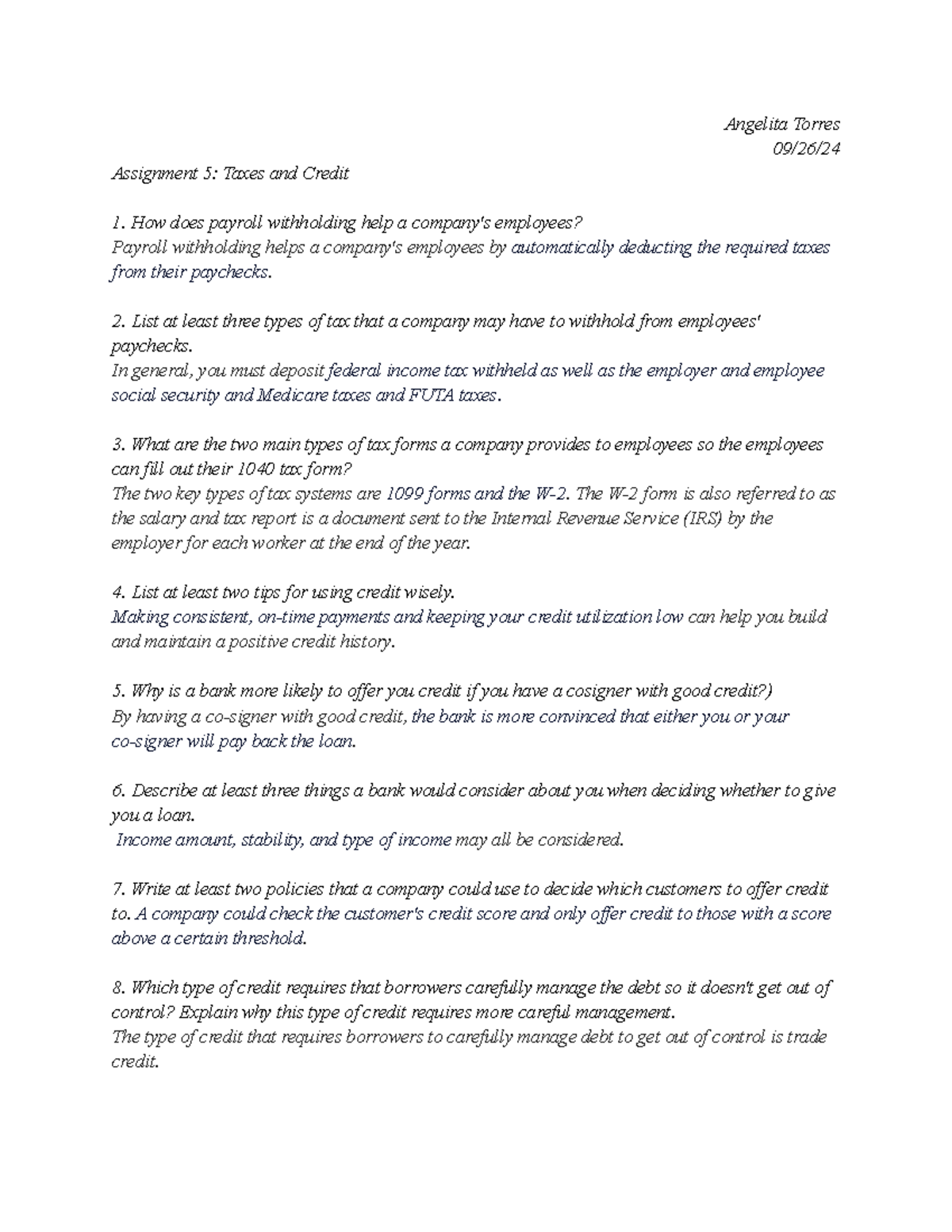 Angelita Torres- Assignment 5 Taxes and Credit - Angelita Torres 09/26/ Assignment 5: Taxes and ...