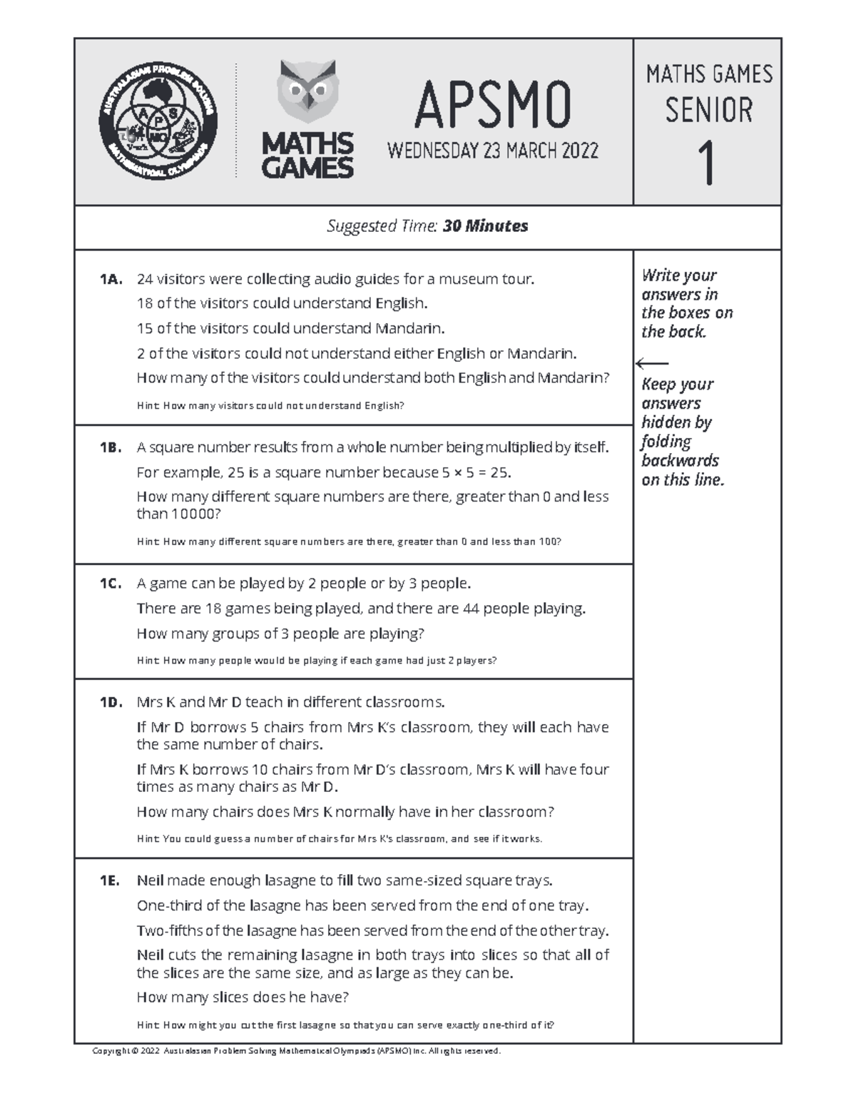 Maths GAmes-Paper-1-2022-Year 7 8 - APSMO WEDNESDAY 23 MARCH 2022 ...